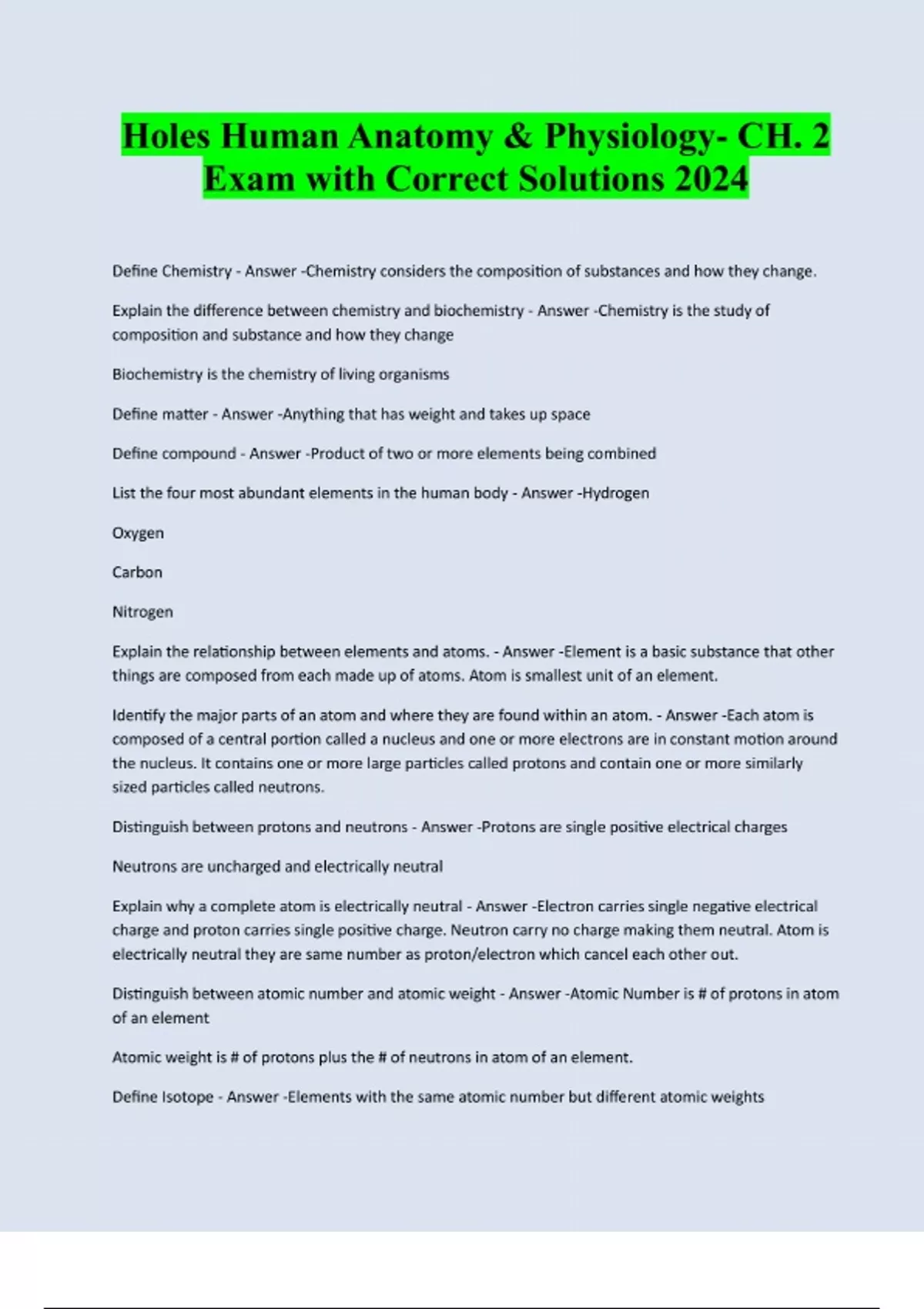 Holes Human Anatomy & Physiology- CH. 2 Exam with Correct Solutions ...