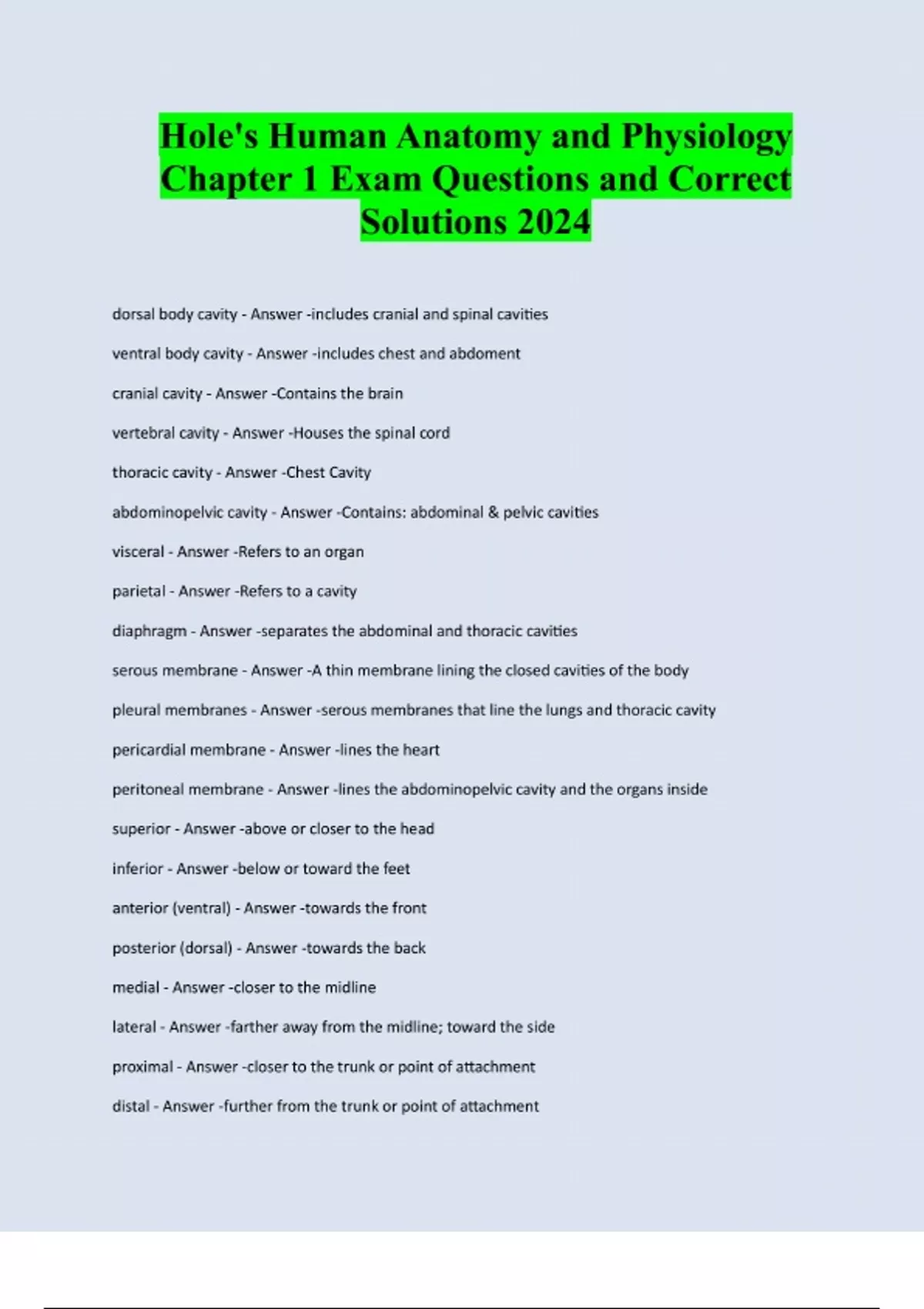 Hole's Human Anatomy and Physiology Chapter 1 Exam Questions and ...