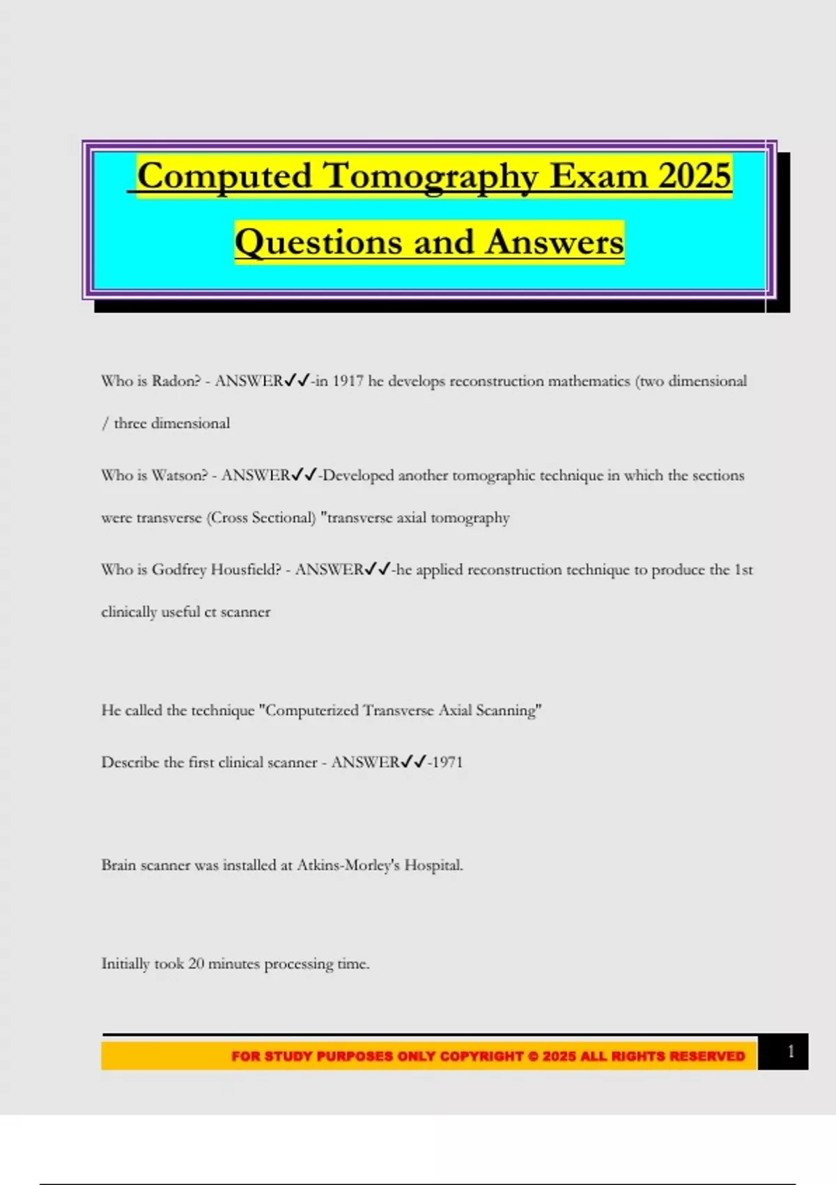 Computed Tomography Exam 2025 Questions and Answers - CT -- Computed ...