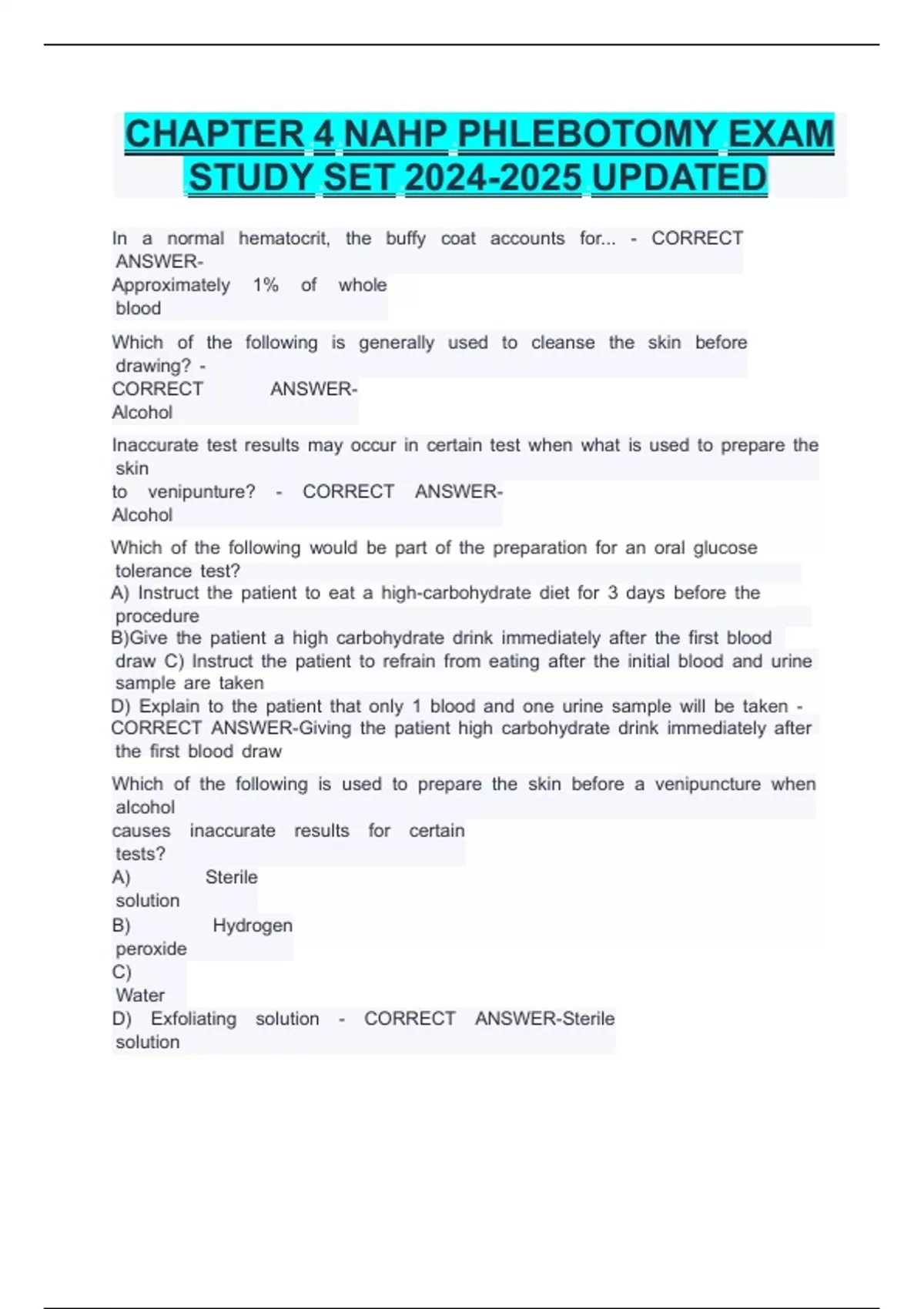 CHAPTER 4 NAHP PHLEBOTOMY EXAM STUDY SET UPDATED - CHAPTER 4 NAHP ...