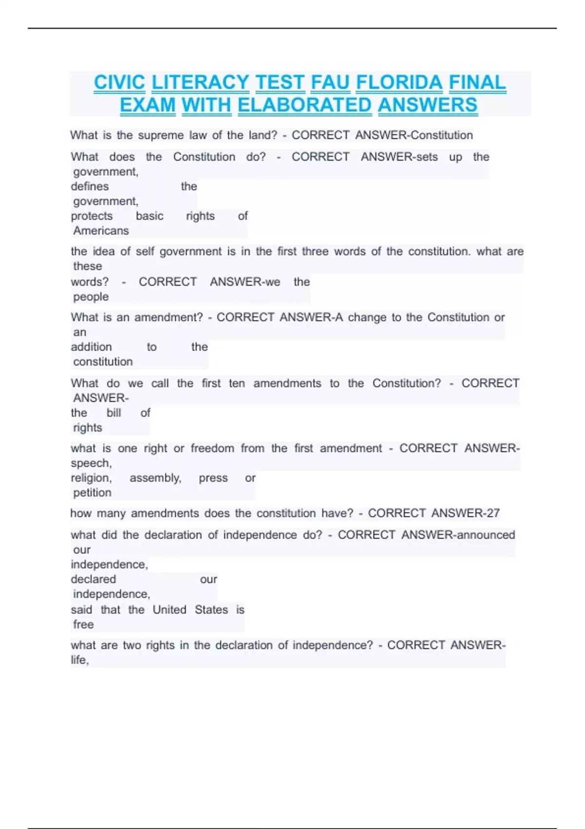 CIVIC LITERACY TEST FAU FLORIDA FINAL EXAM WITH ELABORATED ANSWERS ...