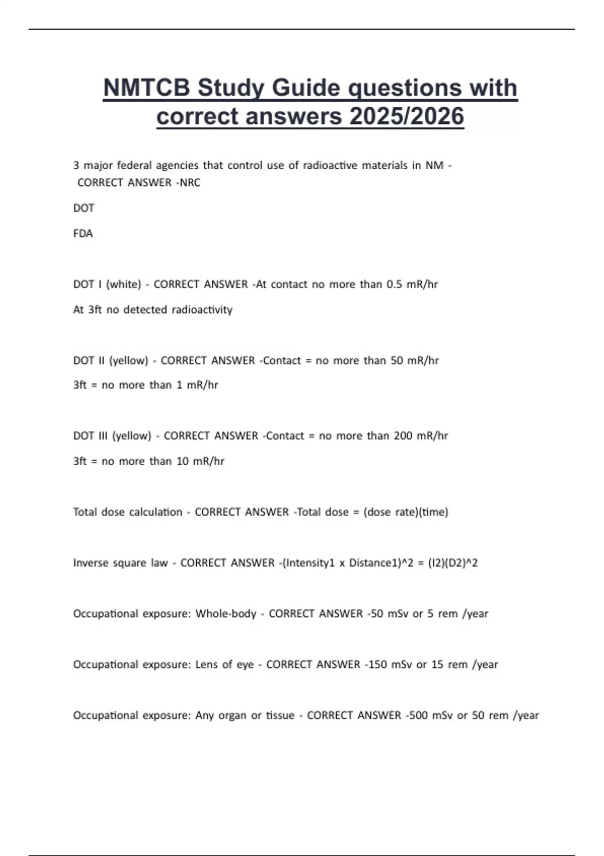 NMTCB Exam Questions with 100% Correct Answers | Latest Version (2025/ ...