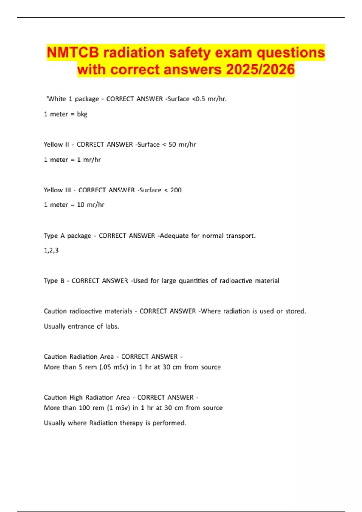 NMTCB radiation safety exam questions with correct answers 2025/2026 ...