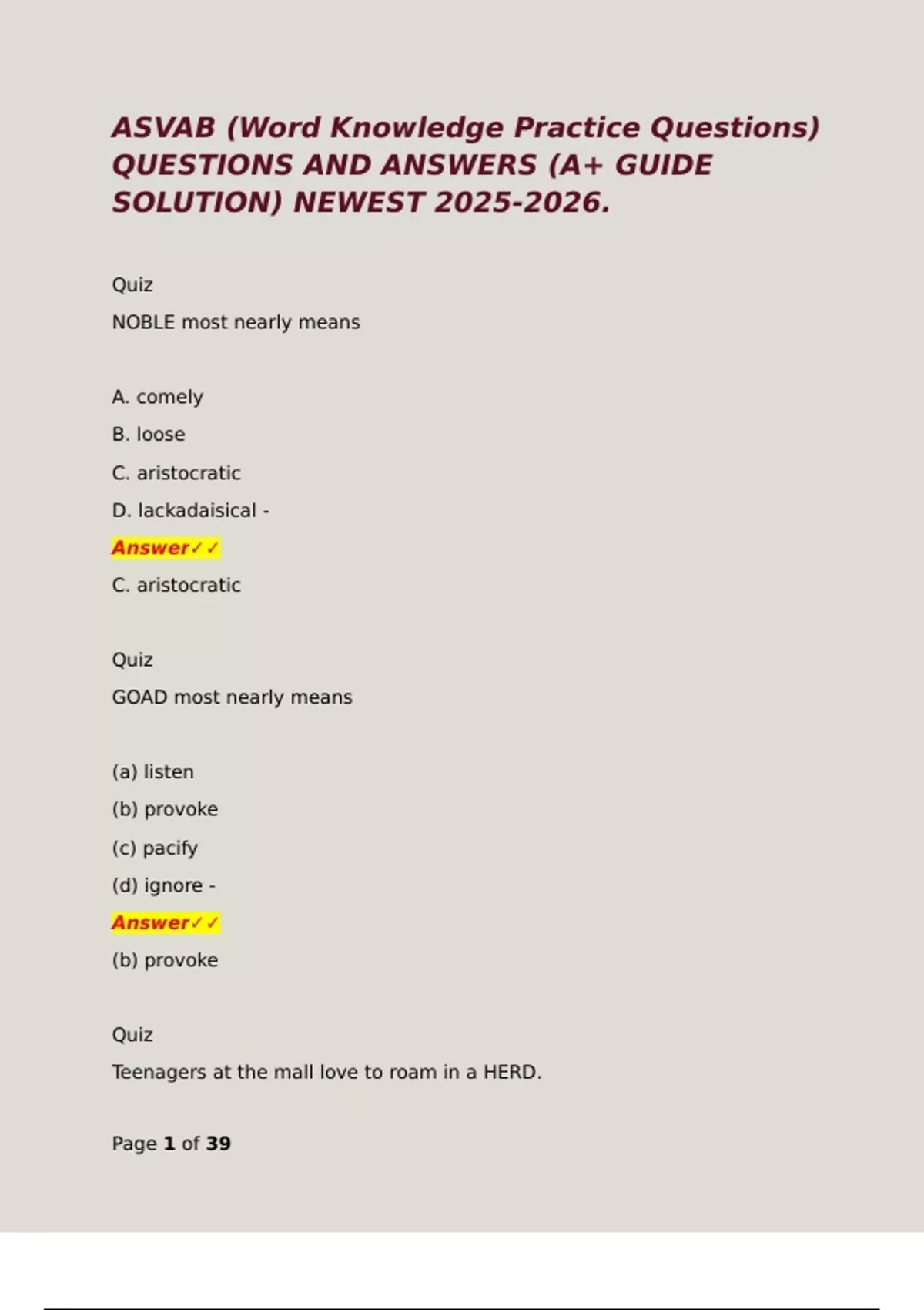 ASVAB (Word Knowledge Practice Questions) QUESTIONS AND ANSWERS (A+ ...