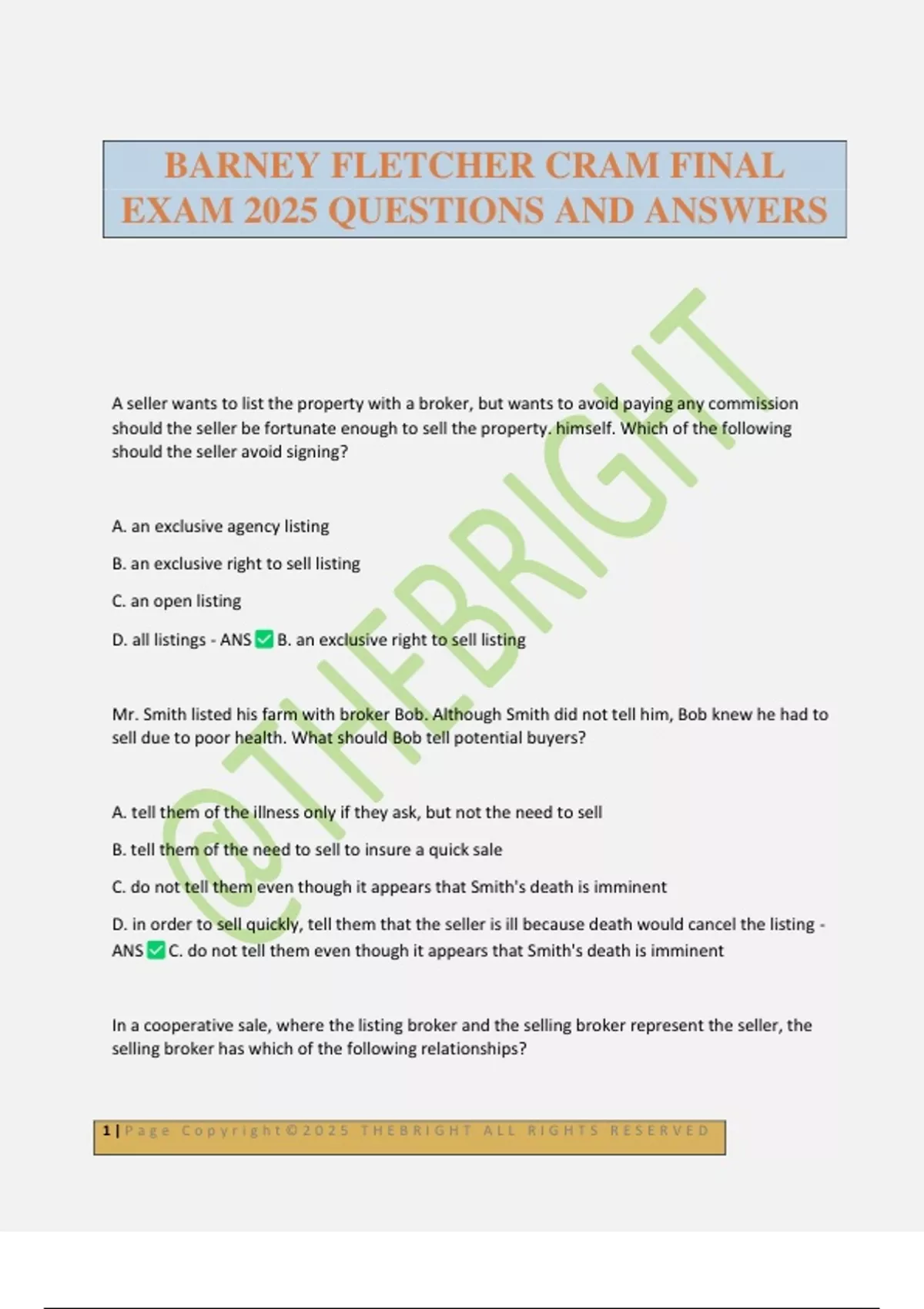 BARNEY FLETCHER CRAM FINAL EXAM 2025 QUESTIONS AND ANSWERS - BARNEY FLETCHER CRAM - Stuvia US