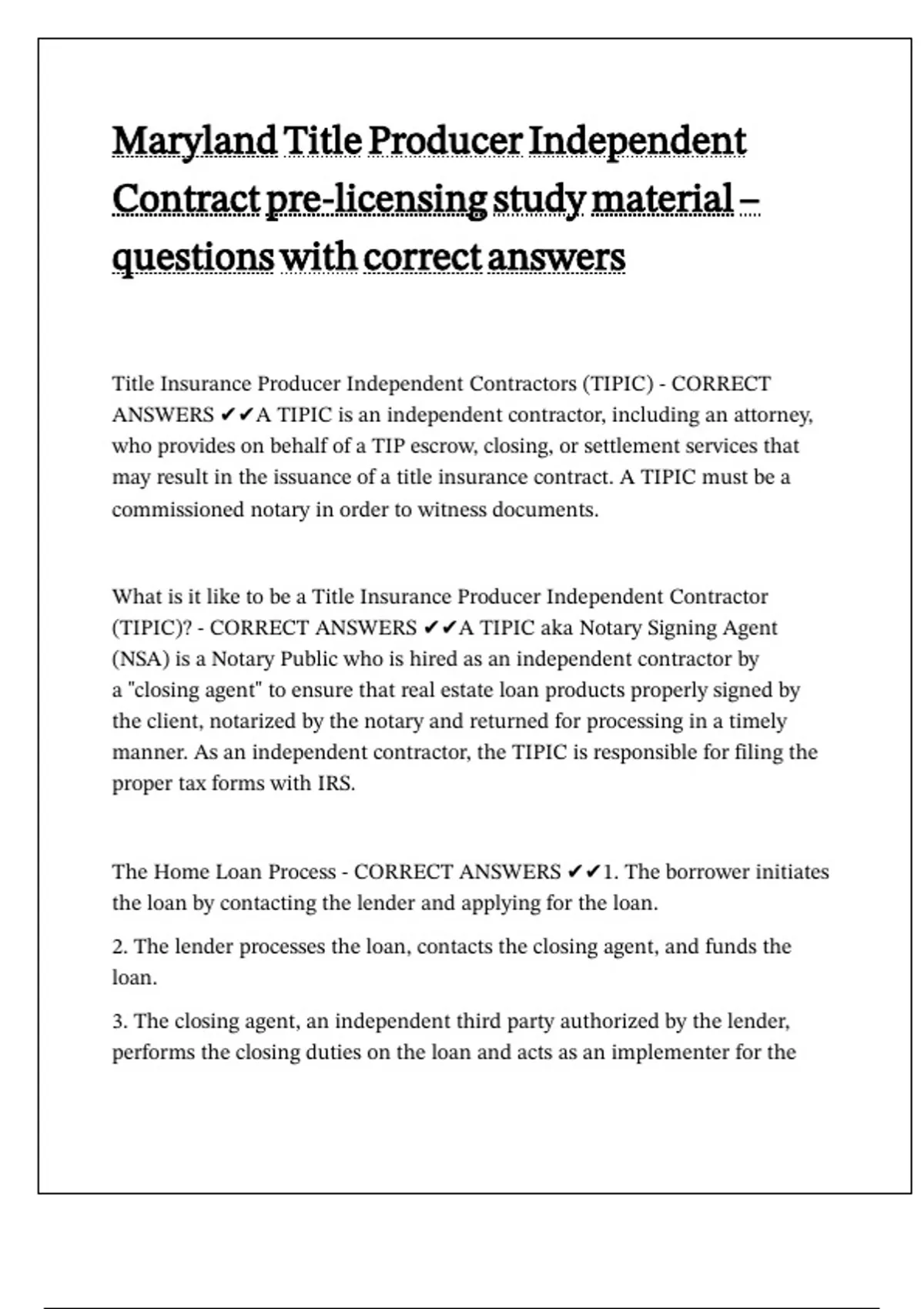 Maryland Title Producer Independent Contract pre-licensing study ...