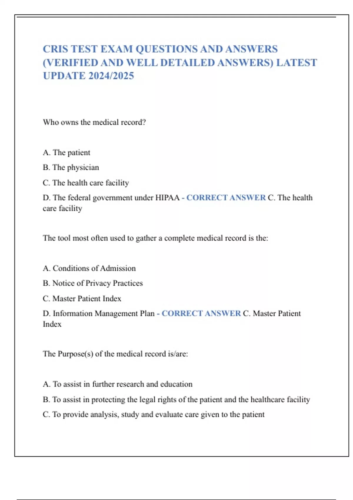 CRIS TEST EXAM QUESTIONS AND ANSWERS (VERIFIED AND WELL DETAILED ...