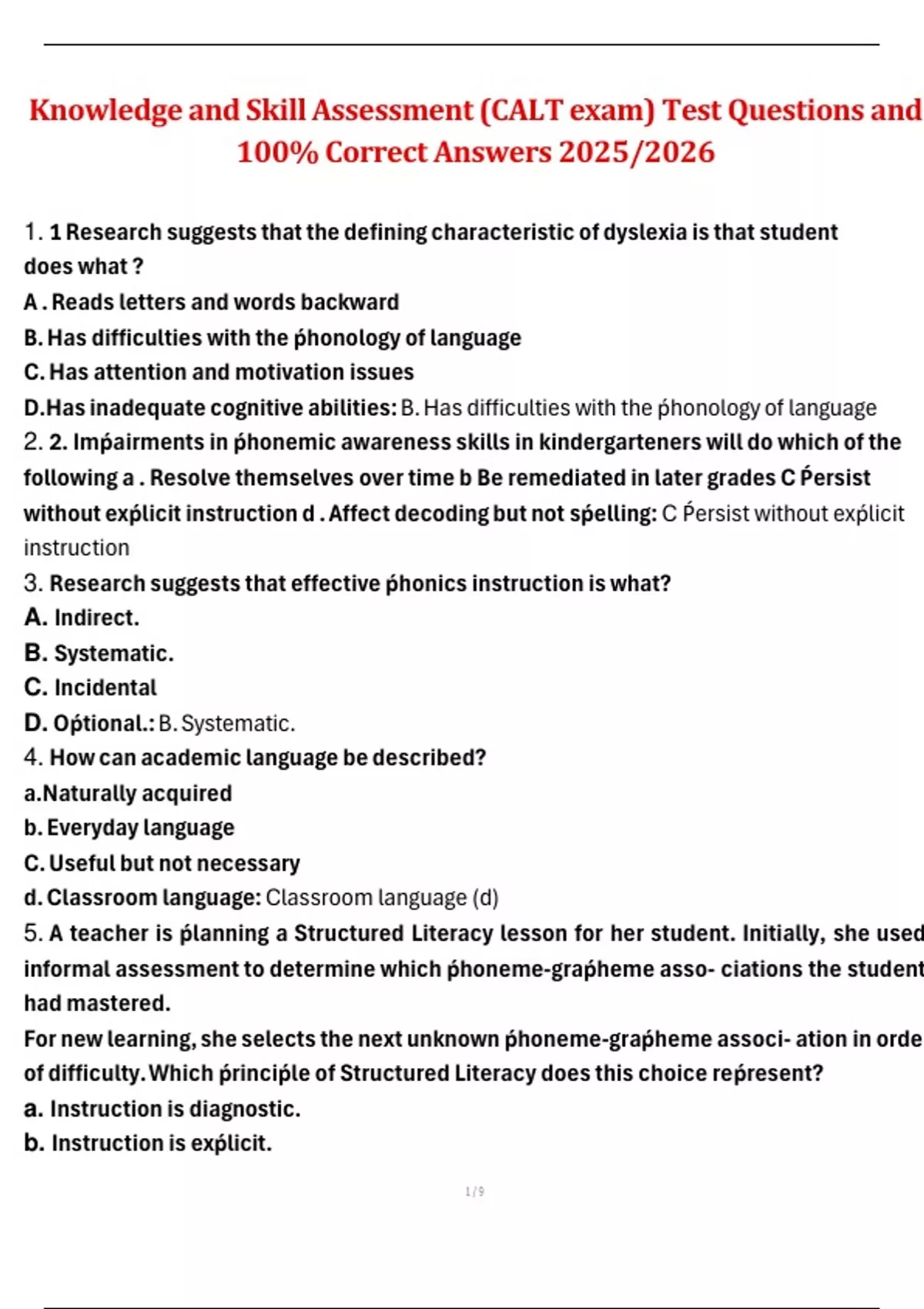 Knowledge and Skill Assessment (CALT Exam) Test Questions and 100% ...