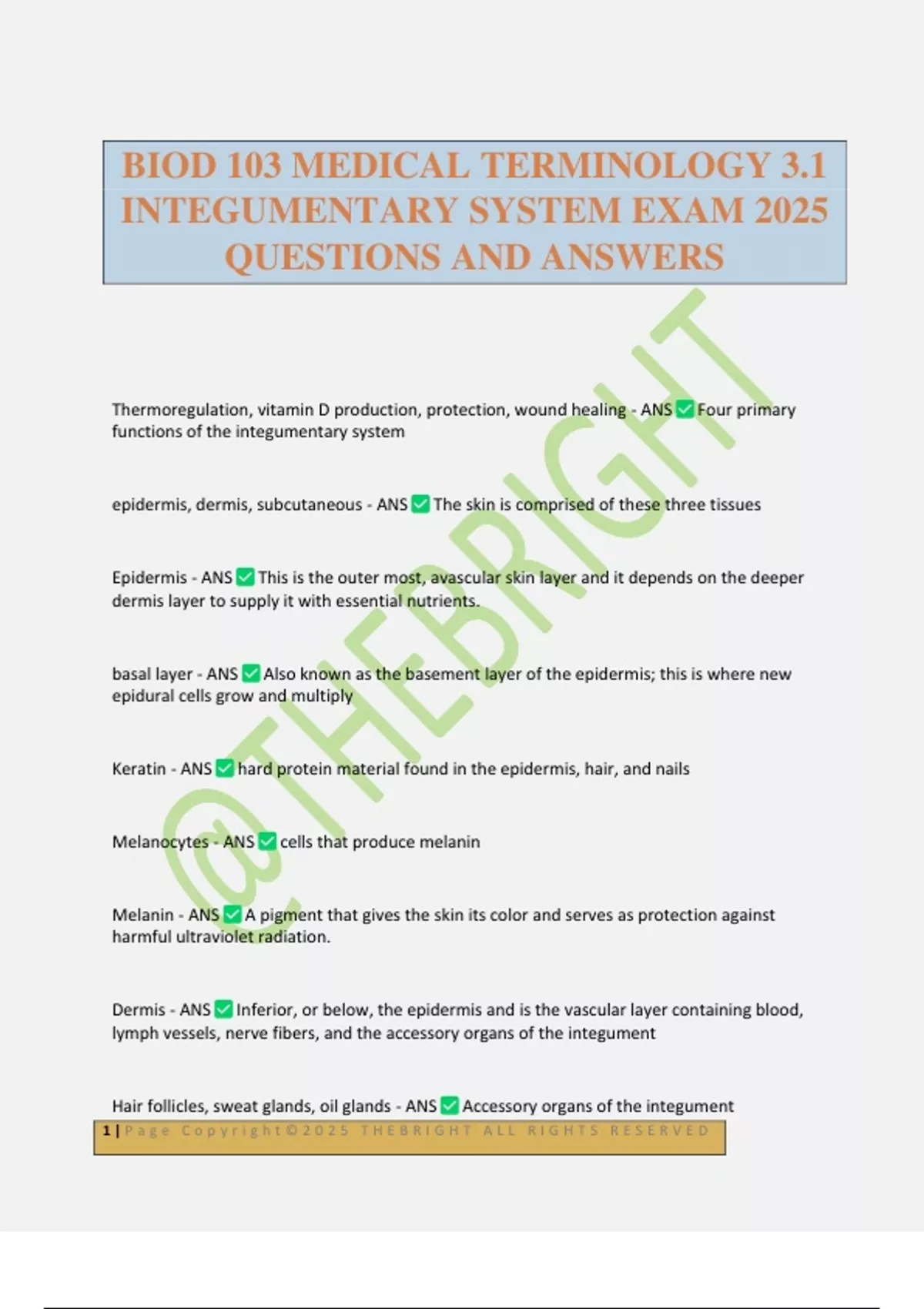 BIOD 103 MEDICAL TERMINOLOGY 3.1 INTEGUMENTARY SYSTEM EXAM 2025 ...