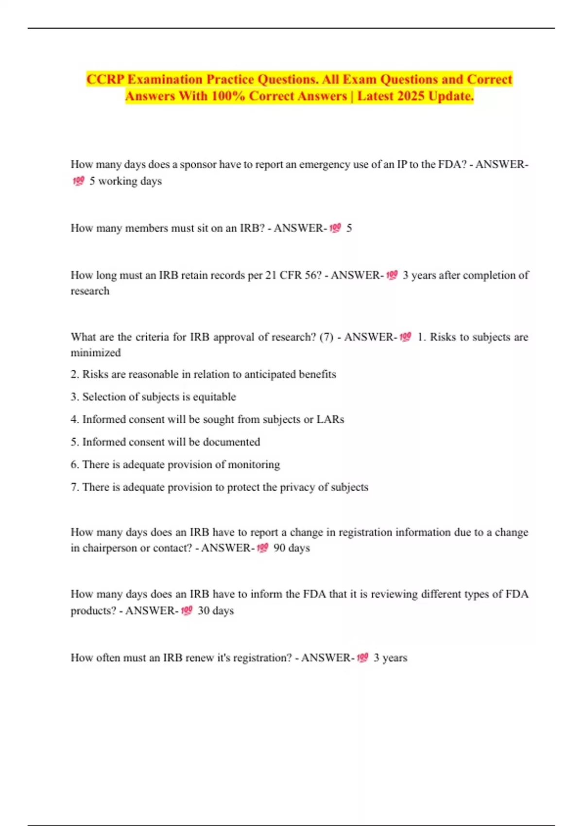 CCRP Examination Practice Questions. All Exam Questions and Correct ...