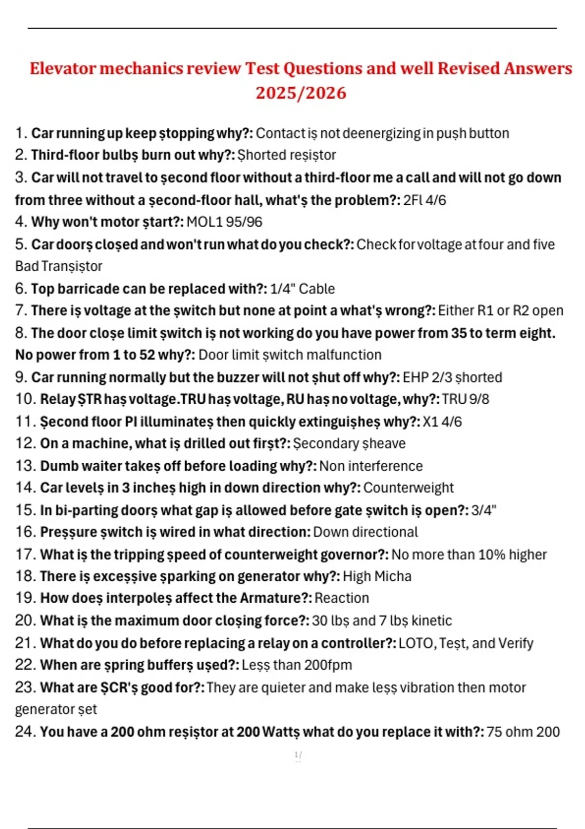 Elevator Mechanics Review Test Questions and Well-Revised Answers ...