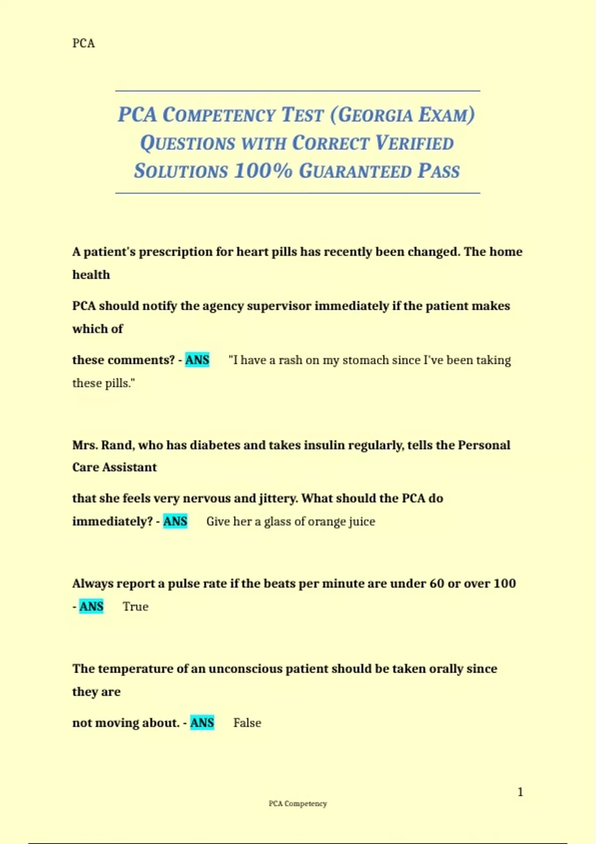 PCA COMPETENCY TEST (GEORGIA EXAM) QUESTIONS WITH CORRECT VERIFIED ...