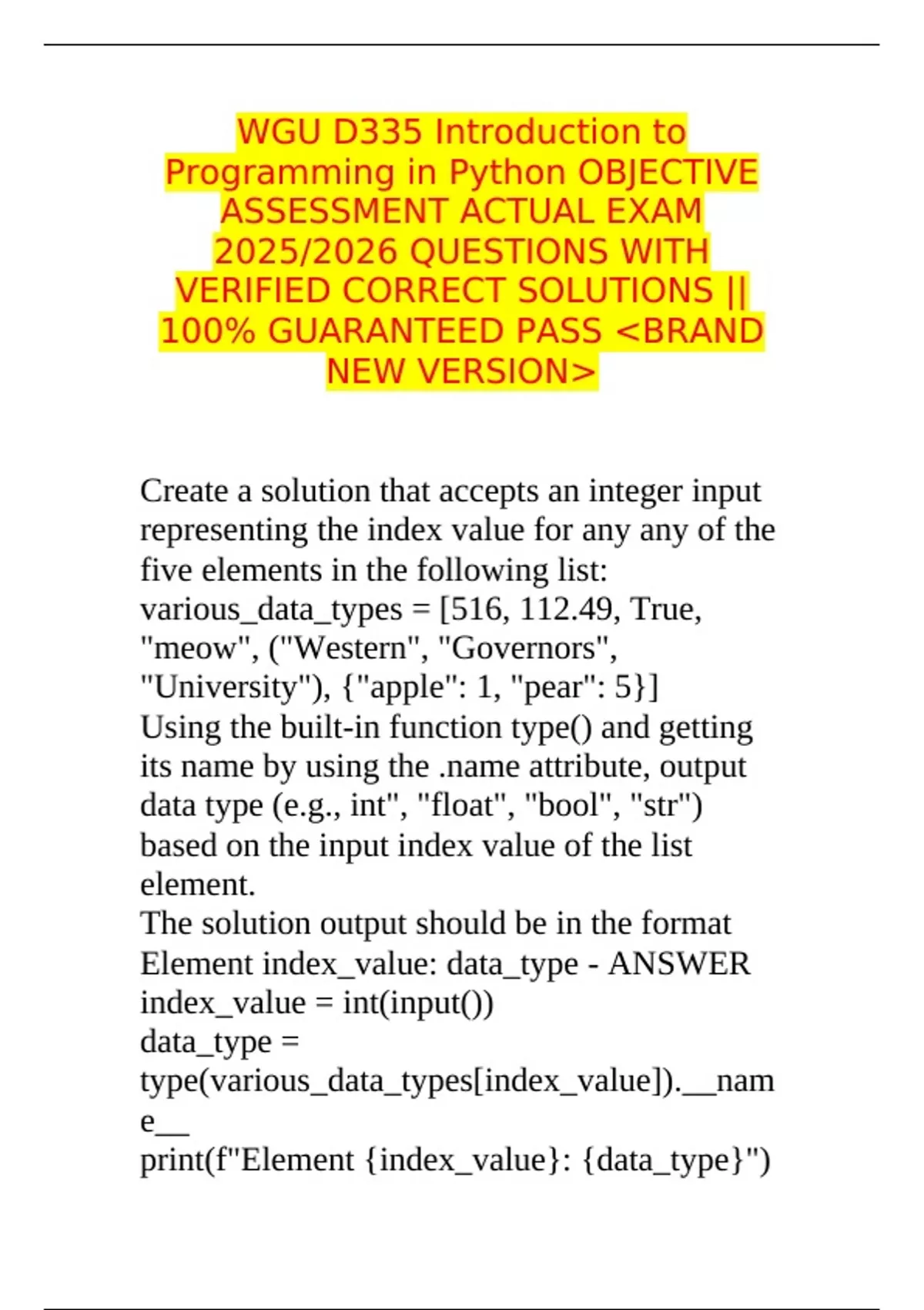 WGU D335 Introduction to Programming in Python OBJECTIVE ASSESSMENT ACTUAL EXAM 2025/2026 ...
