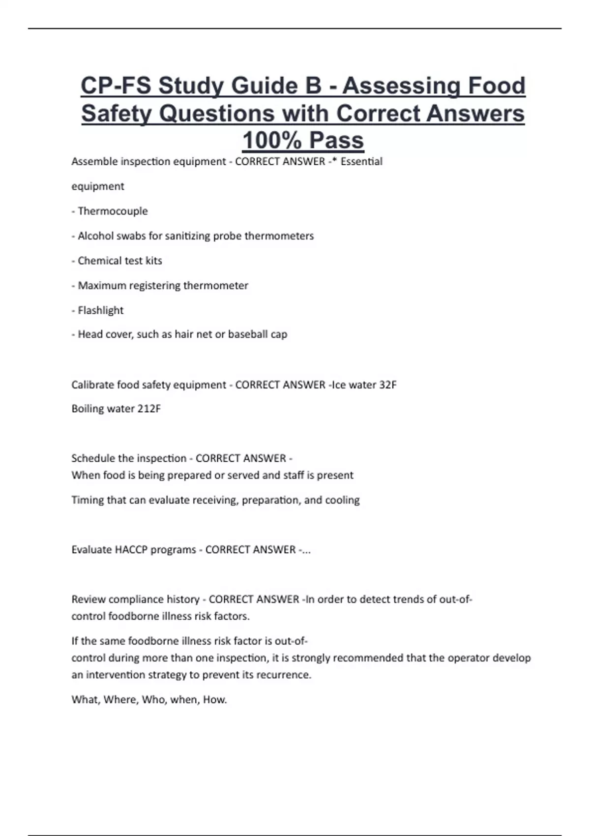 CP-FS Study Guide B - Assessing Food Safety Questions with Correct ...