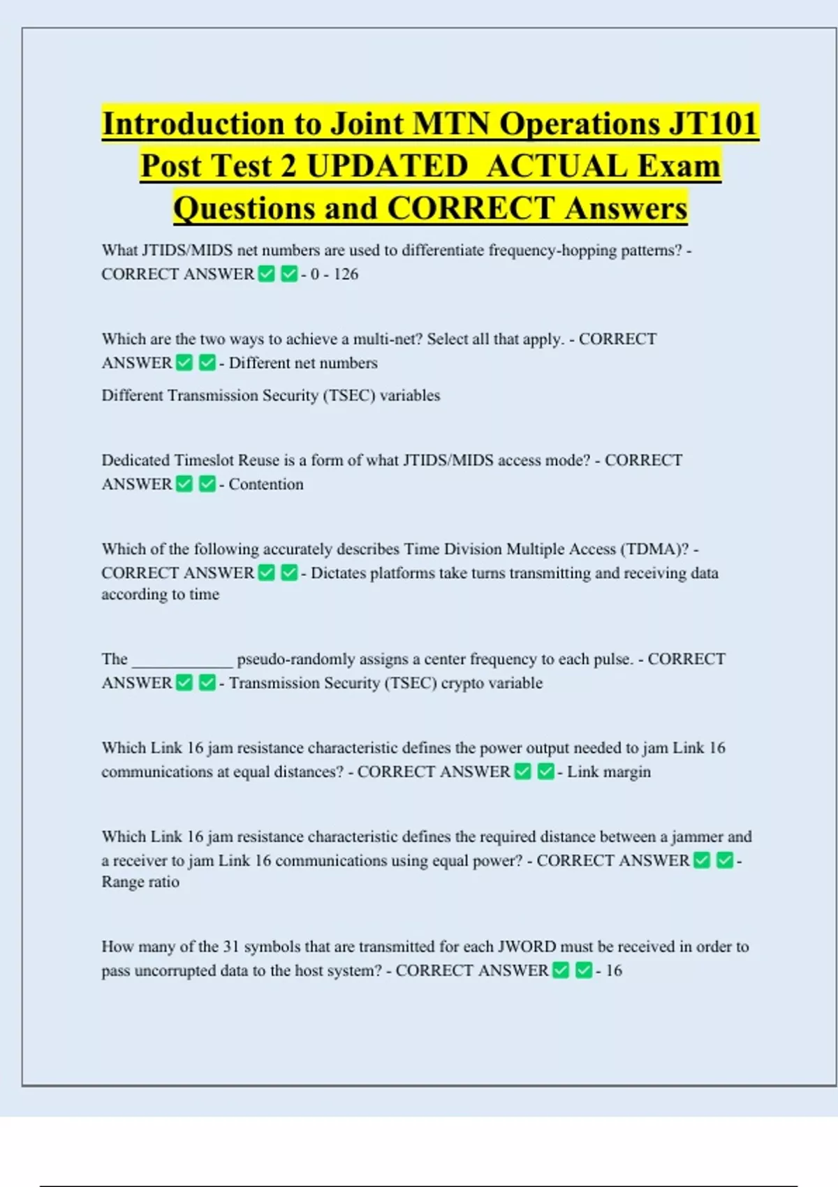 Introduction to Joint MTN Operations JT101 Post Test 2 UPDATED ACTUAL ...