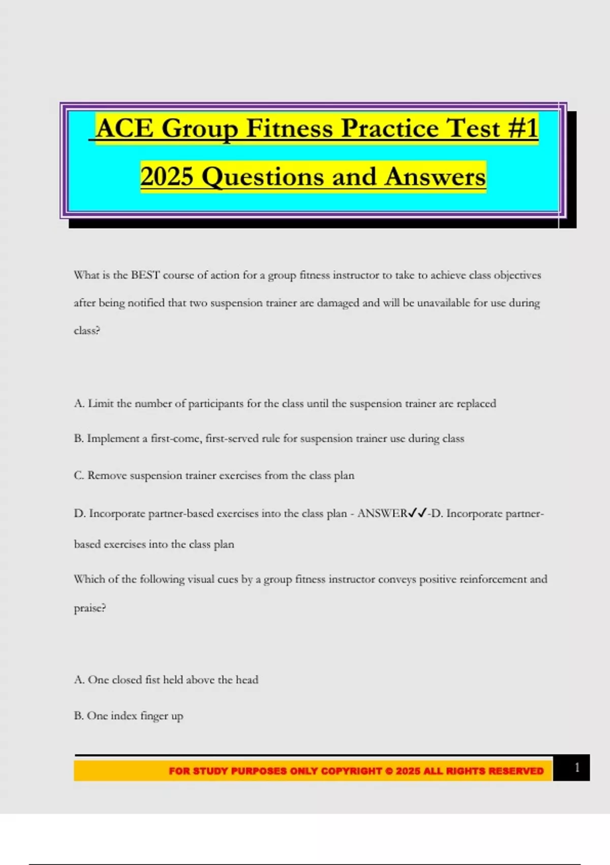 ACE Group Fitness Practice Test #1 2025 Questions and Answers - ACE GFI ...