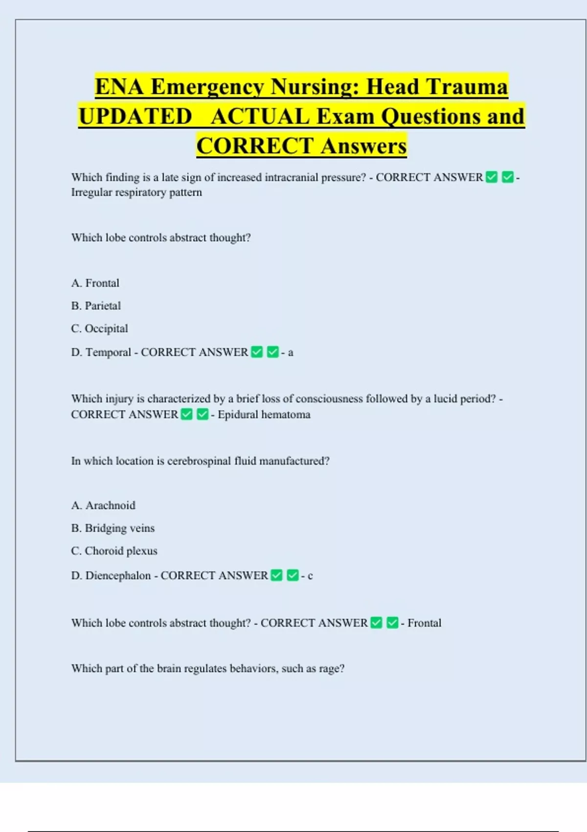 ENA Emergency Nursing: Head Trauma UPDATED ACTUAL Exam Questions and ...