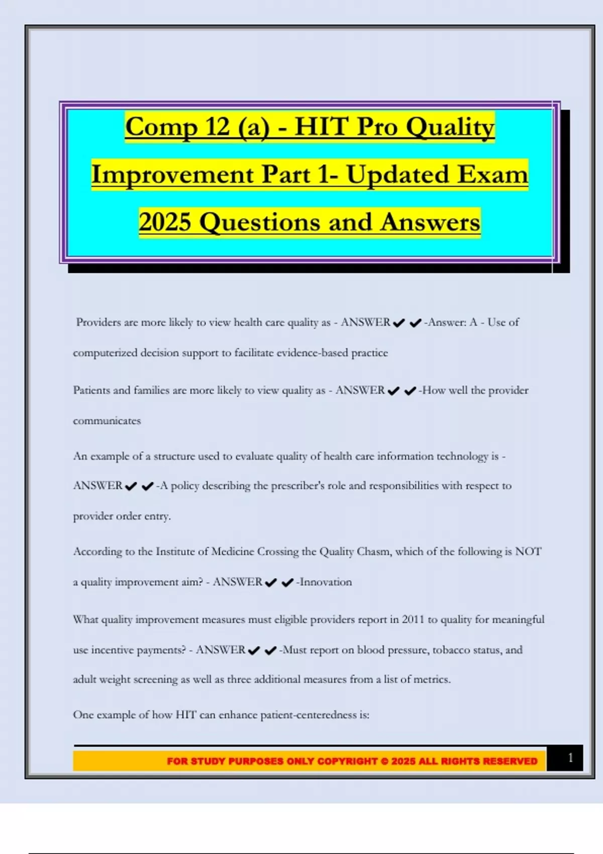 Comp 12 (a) - HIT Pro Quality Improvement Part 1- Updated Exam 2025 ...