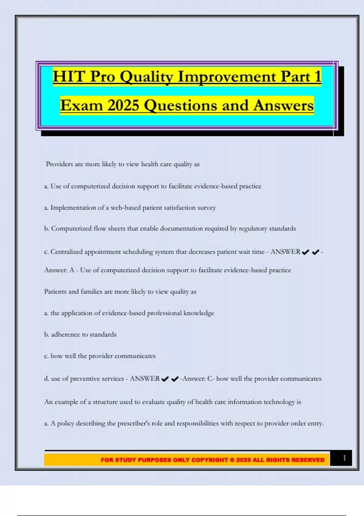 HIT Pro Quality Improvement Part 1 Exam 2025 Questions and Answers ...