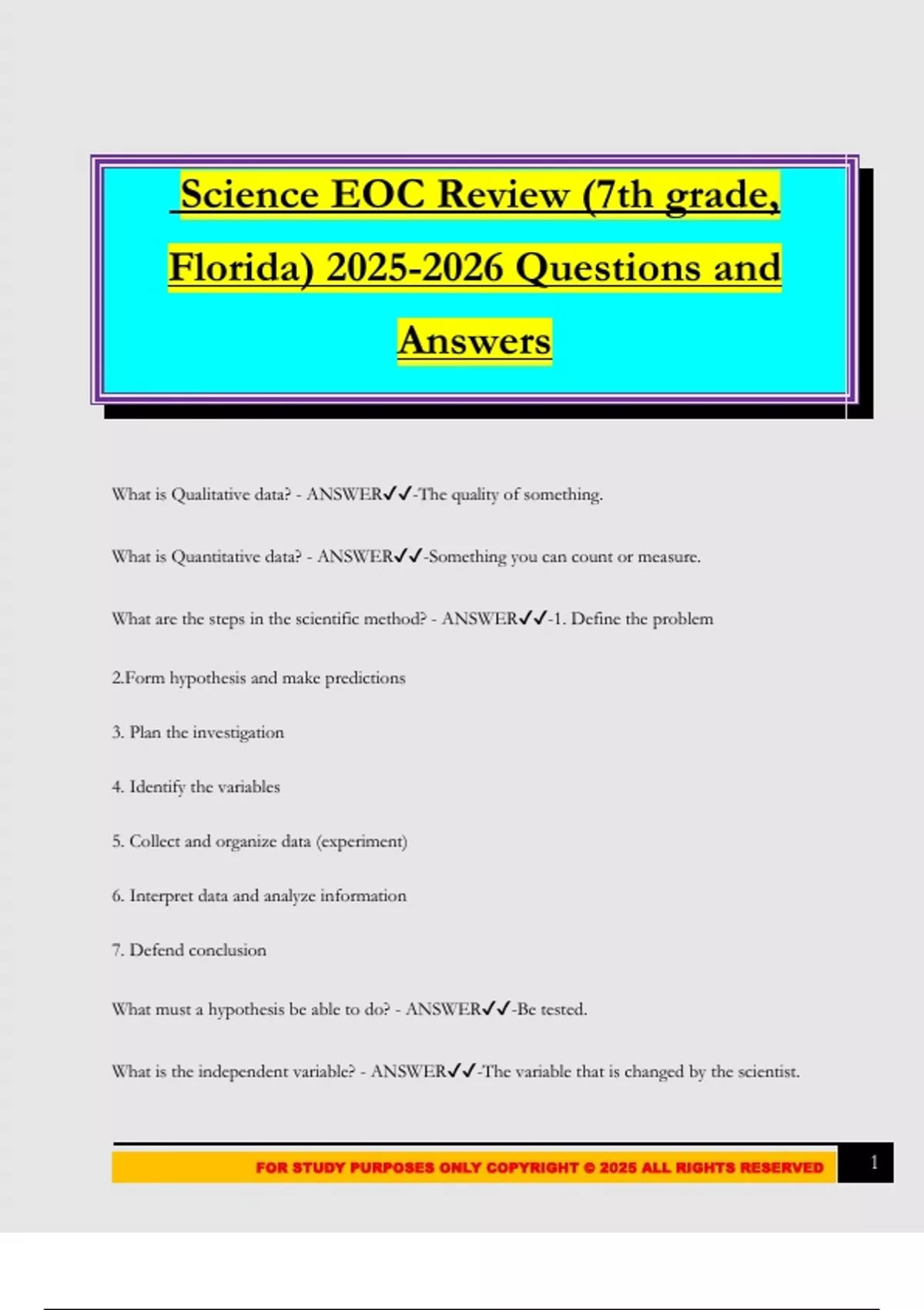 Science EOC Review (7th grade, Florida) Questions and Answers - EOC ...