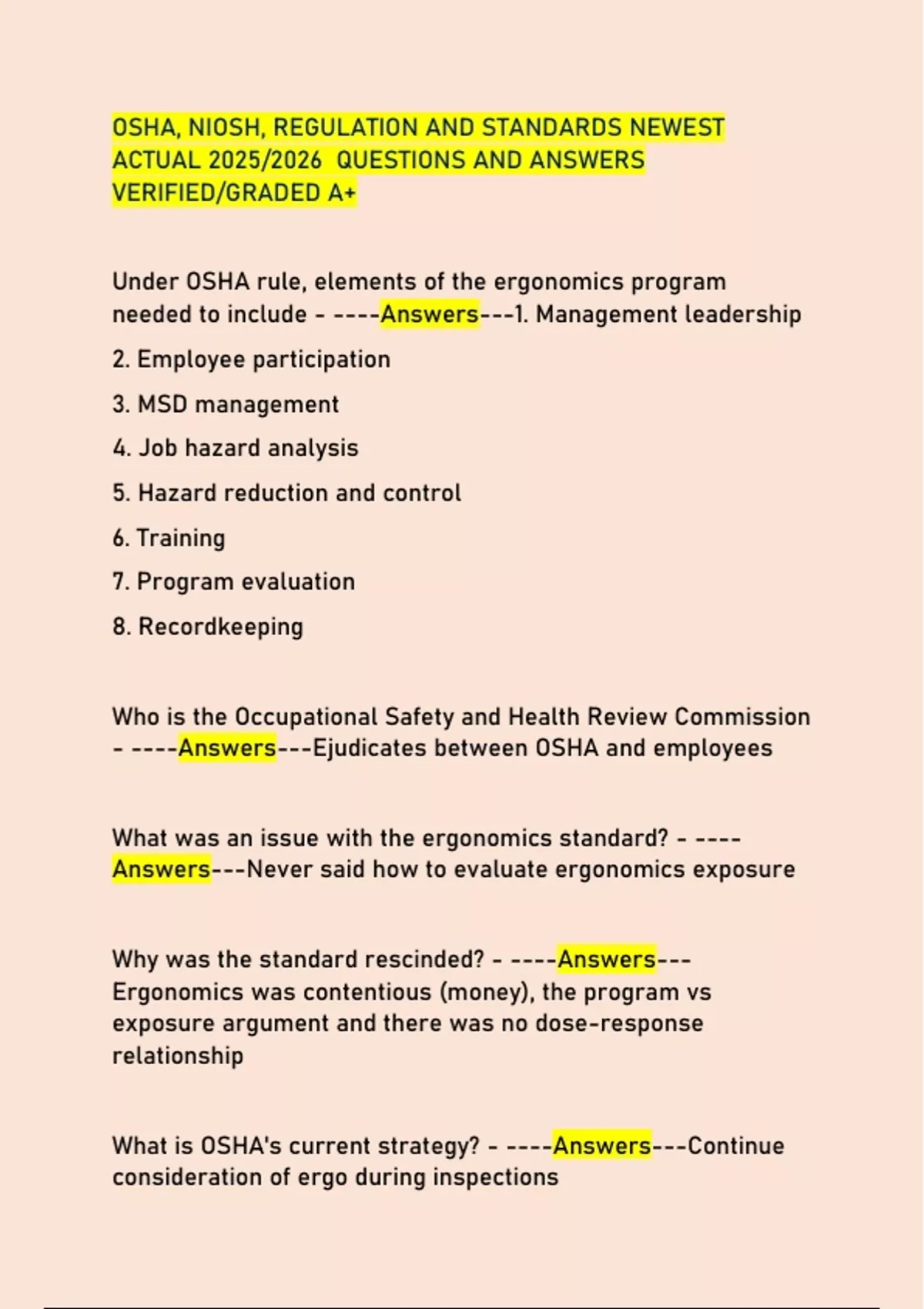 OSHA, NIOSH, REGULATION AND STANDARDS NEWEST ACTUAL 2025/2026 QUESTIONS ...
