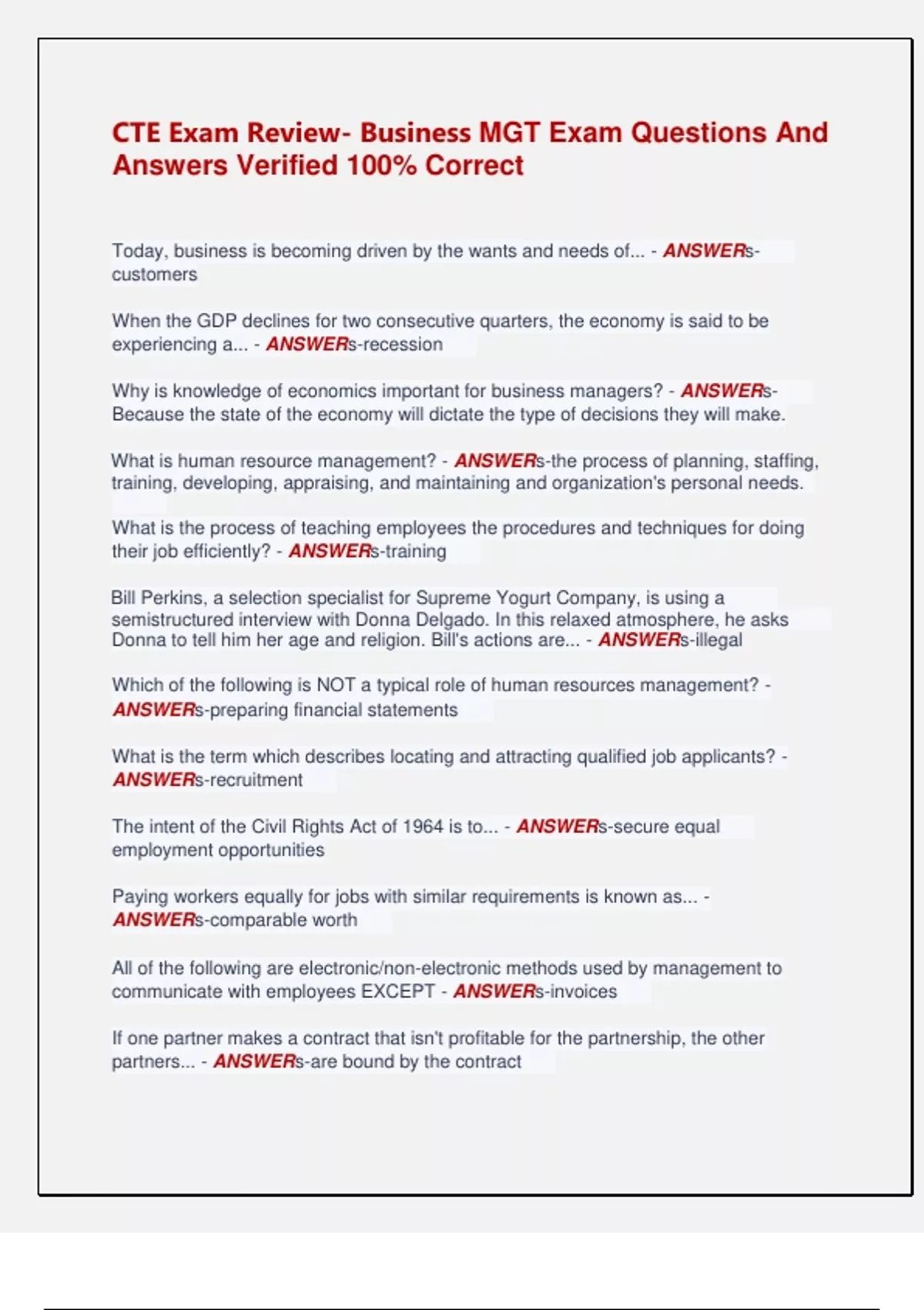 CTE Exam Review- Business MGT Exam Questions And Answers Verified 100% Correct - CTE - Stuvia US