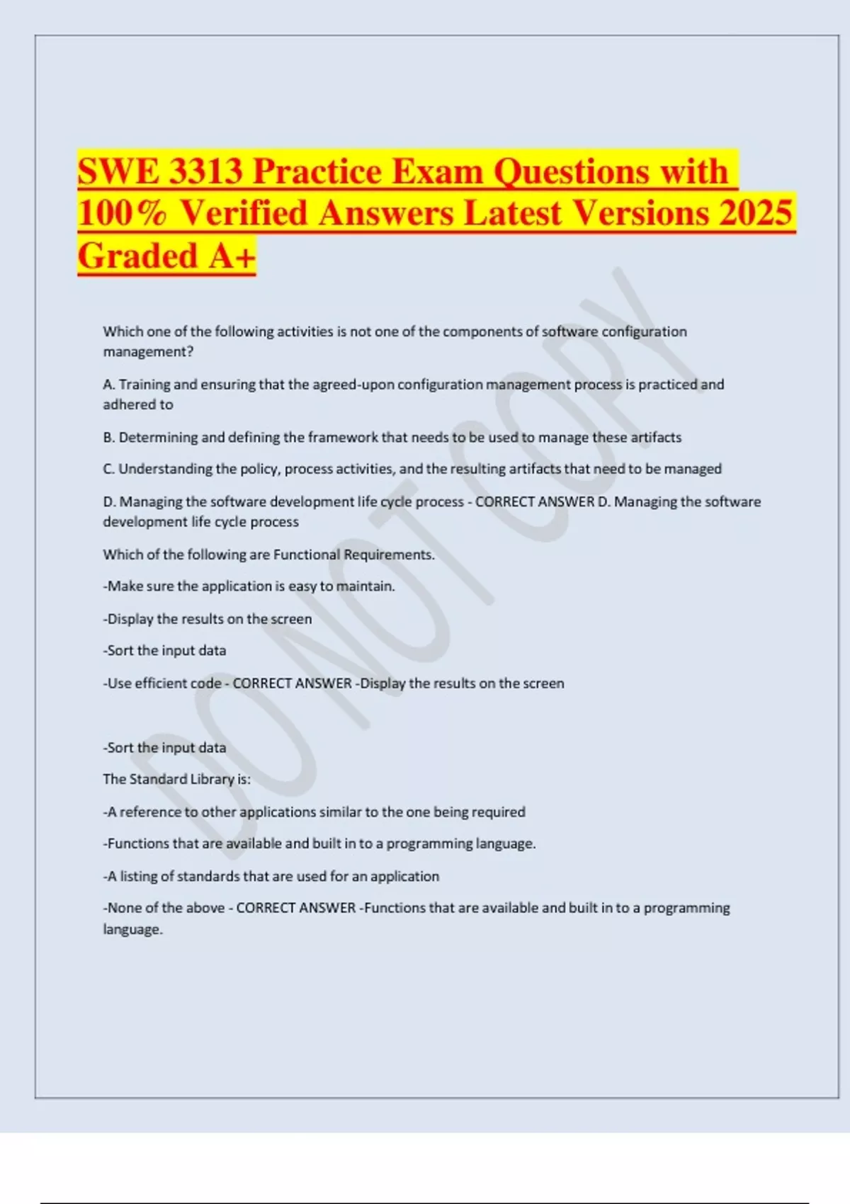 SWE 3313 Practice Exam Questions with 100- Verified Answers Latest ...