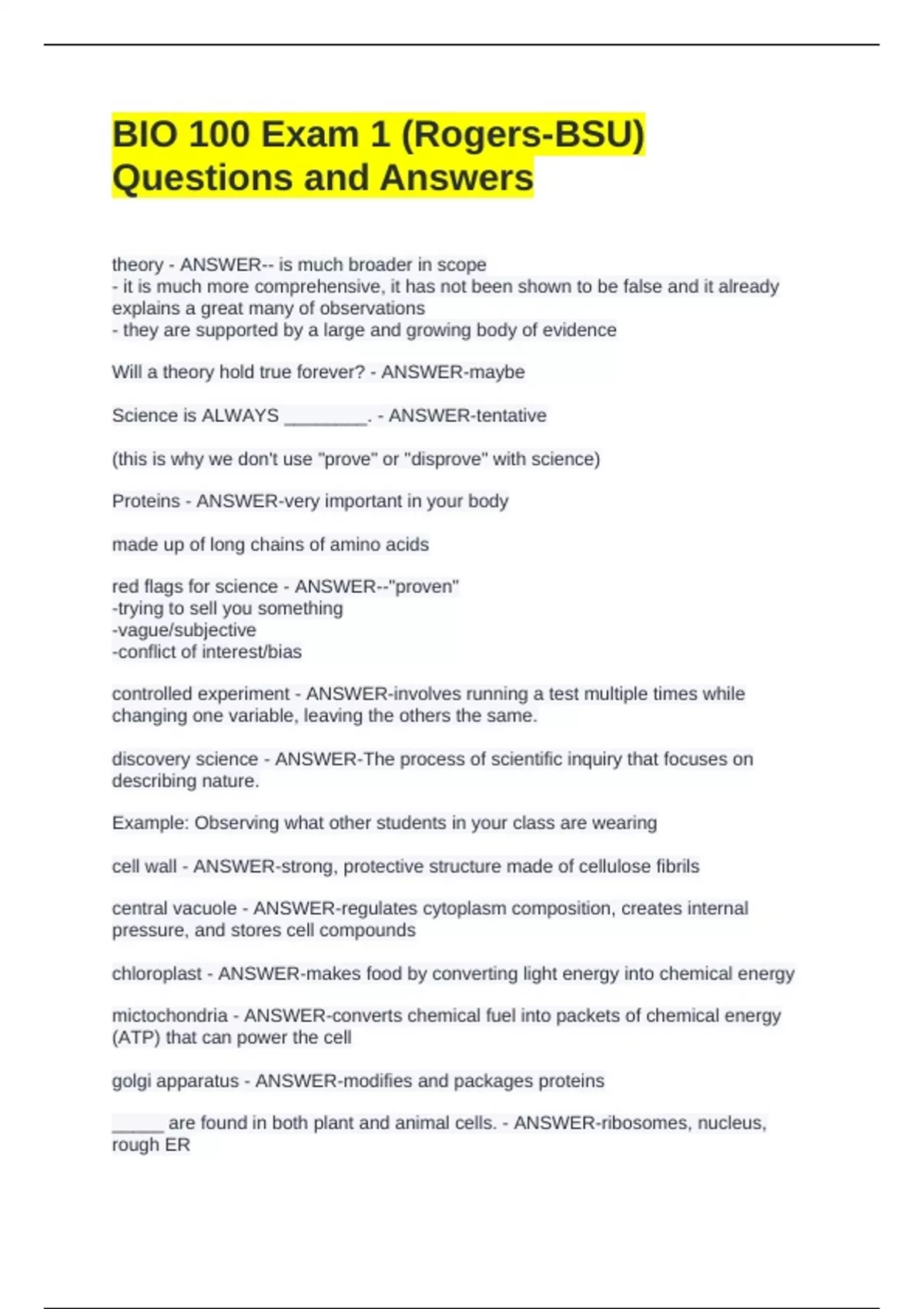 BIO 100 Exam 1 (Rogers-BSU) Questions and Answers - BIO 100 - Stuvia US