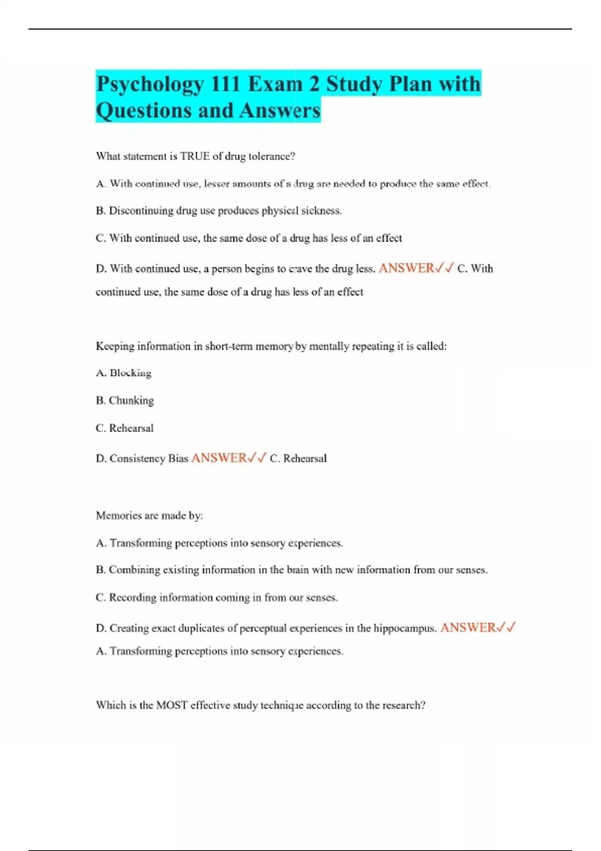 Psychology 111 Exam 2 Study Plan with Questions and Answers ...
