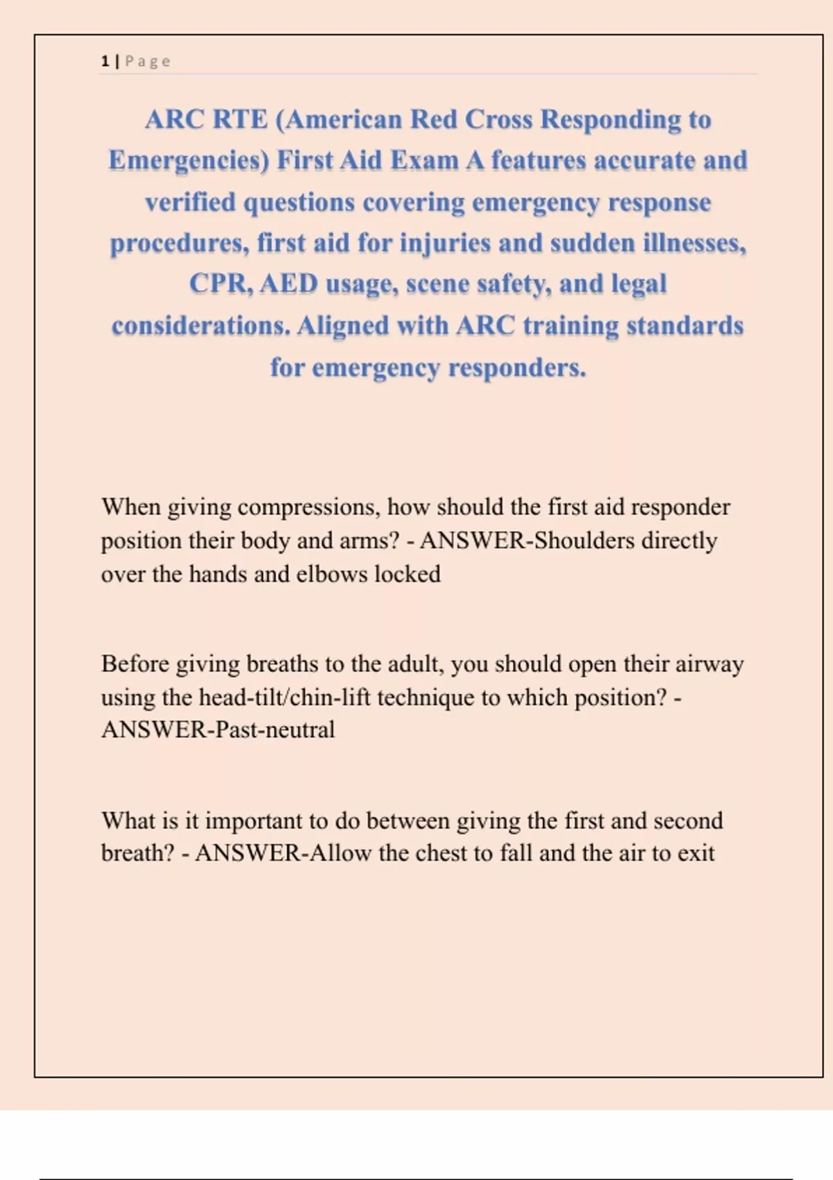 ARC RTE (American Red Cross Responding to Emergencies) First Aid Exam A ...