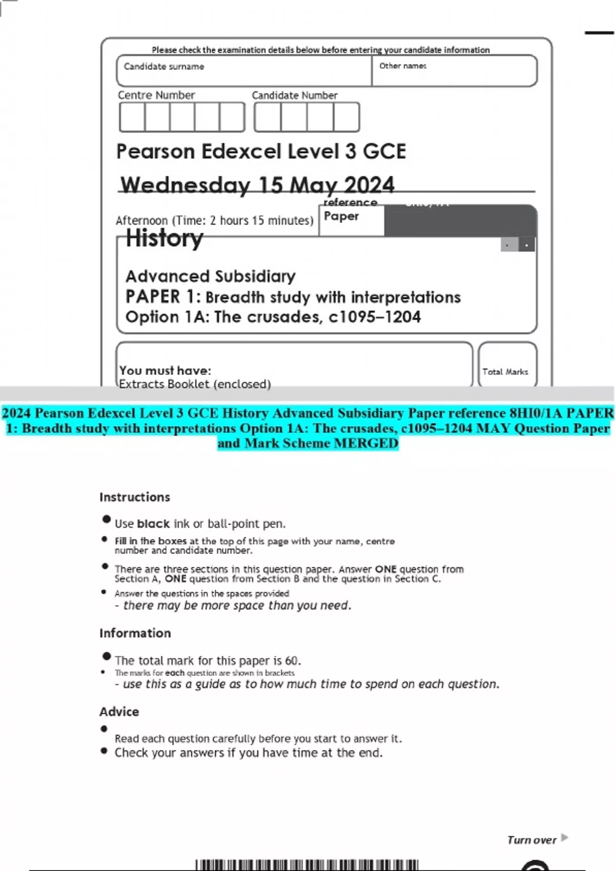 2024 Pearson Edexcel Level 3 GCE History Advanced Subsidiary Paper ...