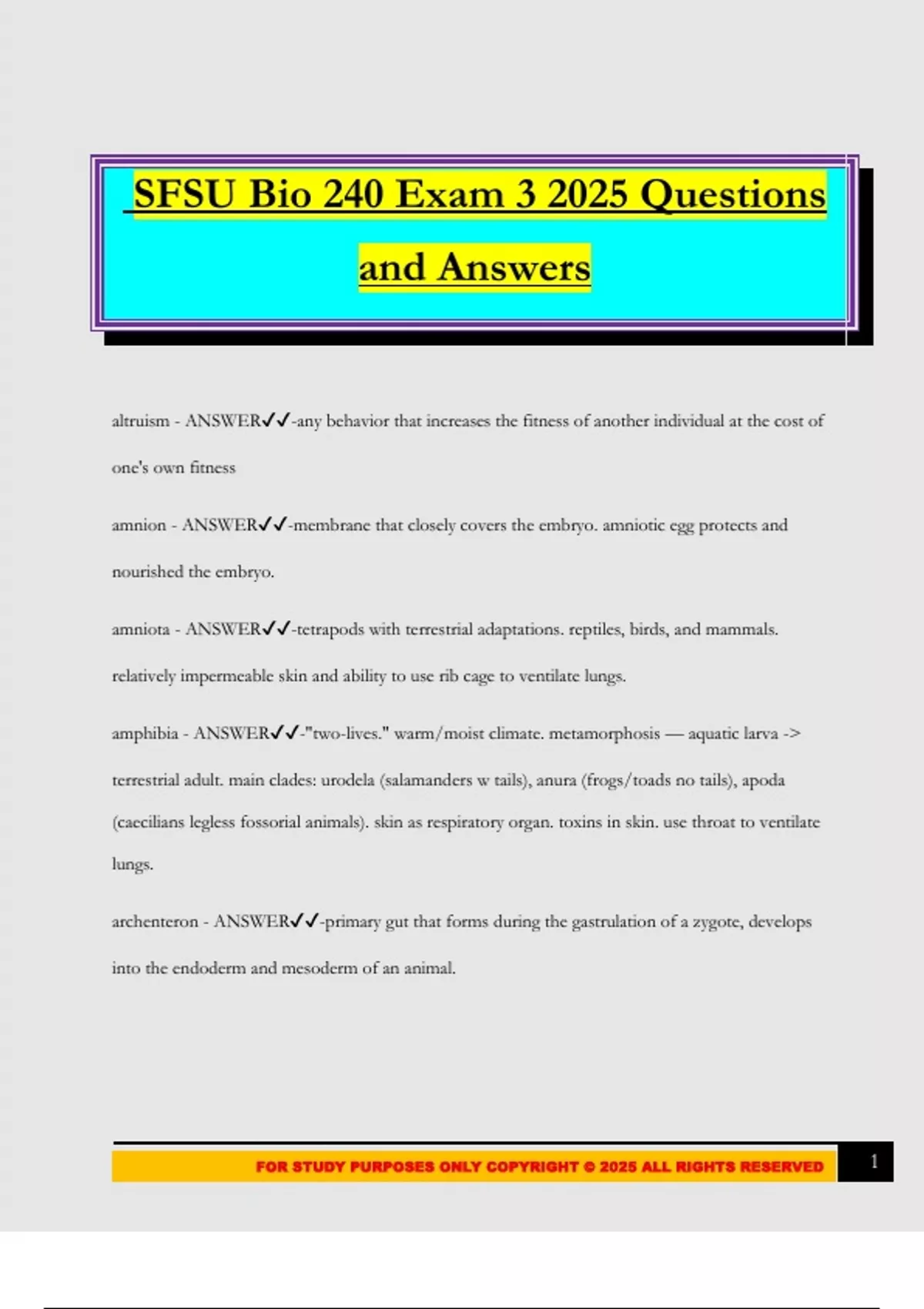 SFSU Bio 240 Exam 3 2025 Questions and Answers - SFSU BIO - Stuvia US
