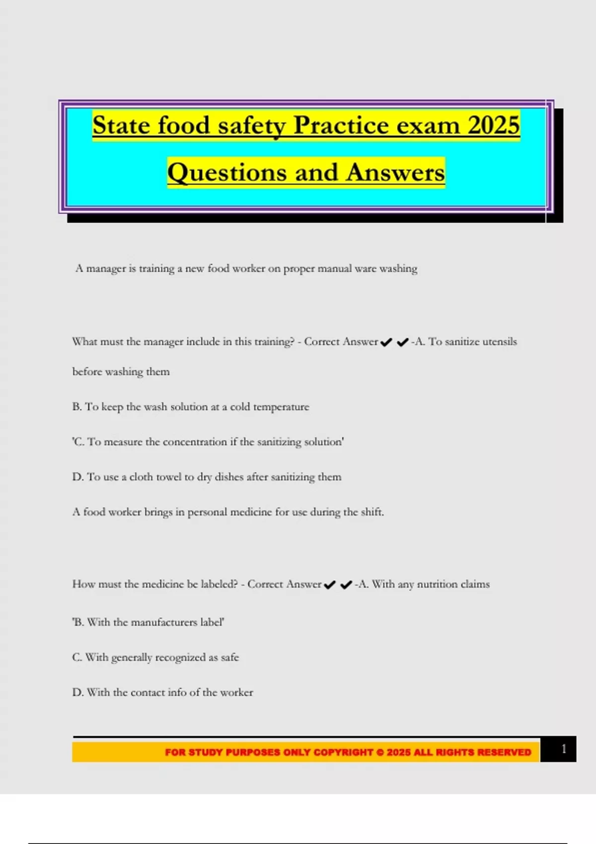 State food safety Practice exam 2025 Questions and Answers - Food safety manager - Stuvia US