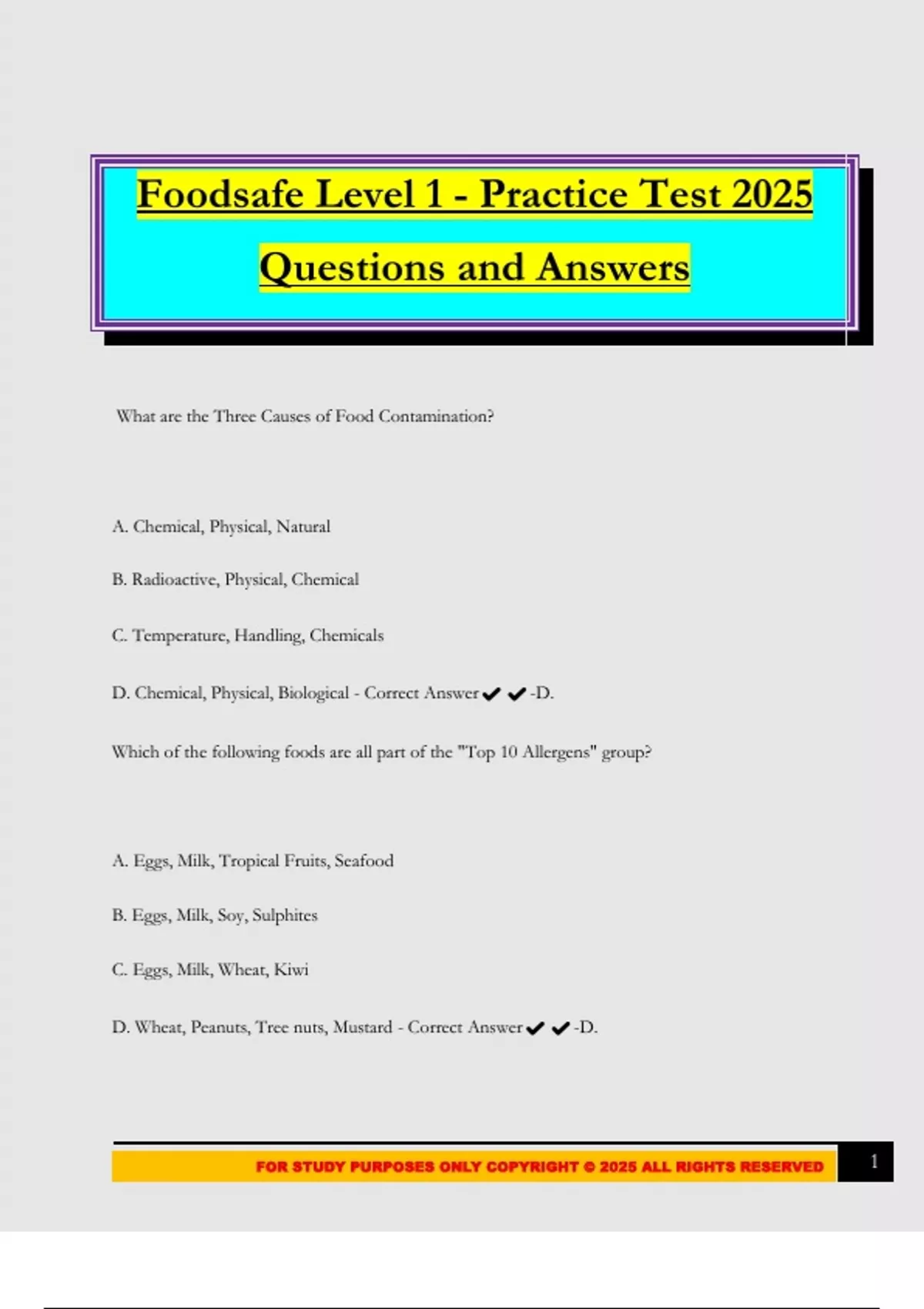 Foodsafe Level 1 - Practice Test 2025 Questions and Answers - Food ...