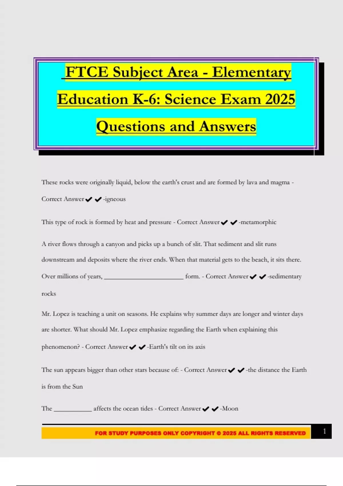 FTCE Subject Area - Elementary Education K-6: Science Exam 2025 ...