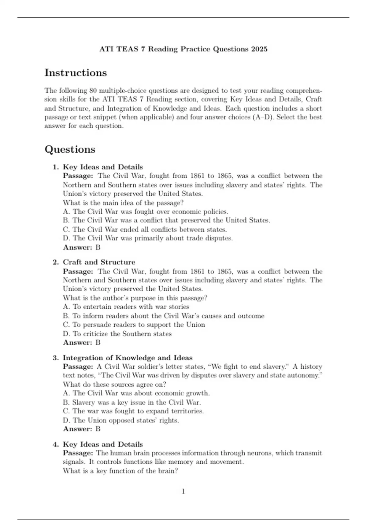ATI TEAS 7 Reading Practice Questions 2025 – 80 Exam-Ready Q&As with Answers - ATI TEAS 7 ...