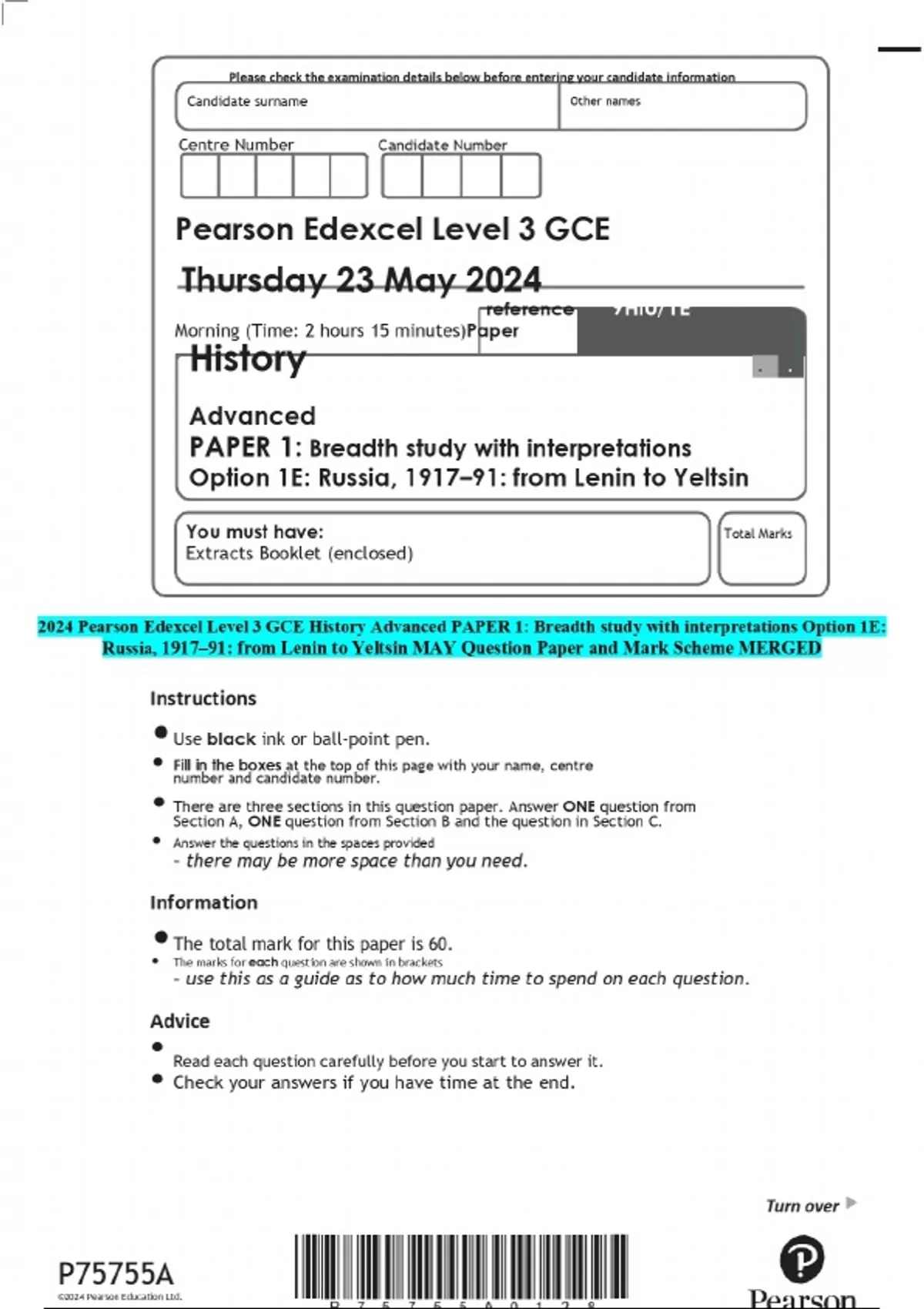 2024 Pearson Edexcel Level 3 GCE History Advanced PAPER 1: Breadth study with interpretations ...