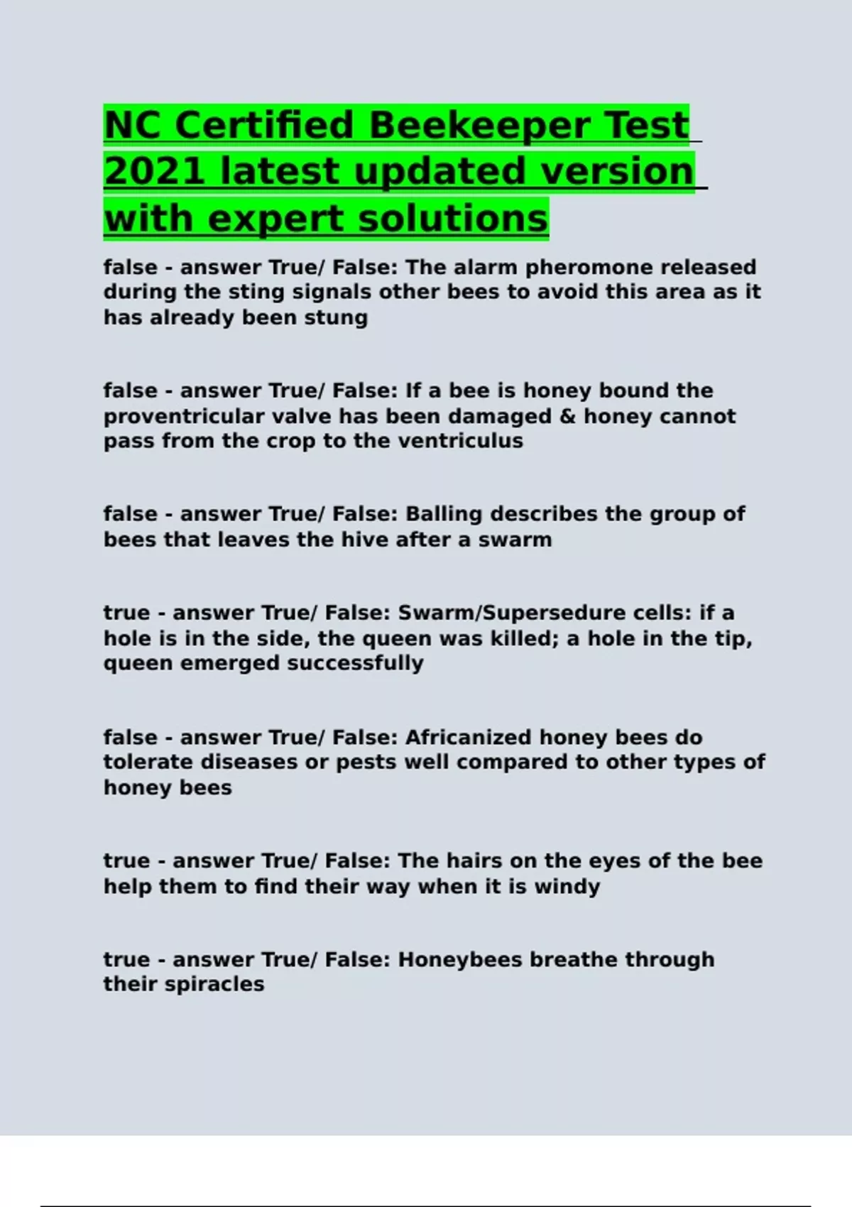 NC Certified Beekeeper Test 2021 latest updated version with expert ...