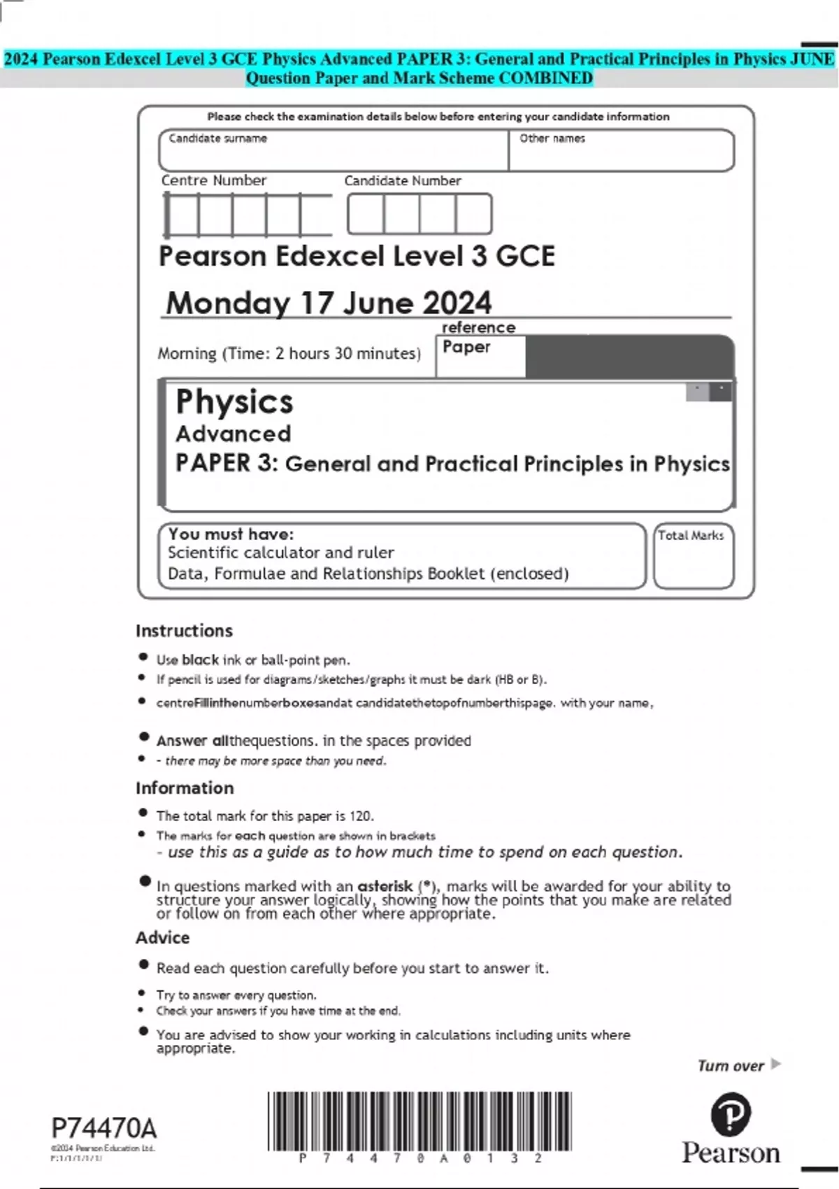 2024 Pearson Edexcel Level 3 GCE Physics Advanced PAPER 3: General and ...