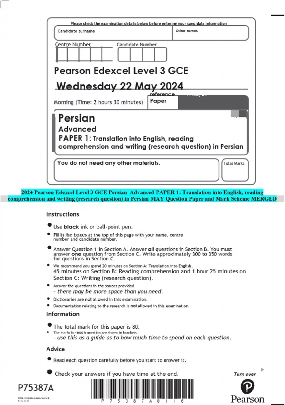 2024 Pearson Edexcel Level 3 GCE Persian Advanced PAPER 1: Translation ...