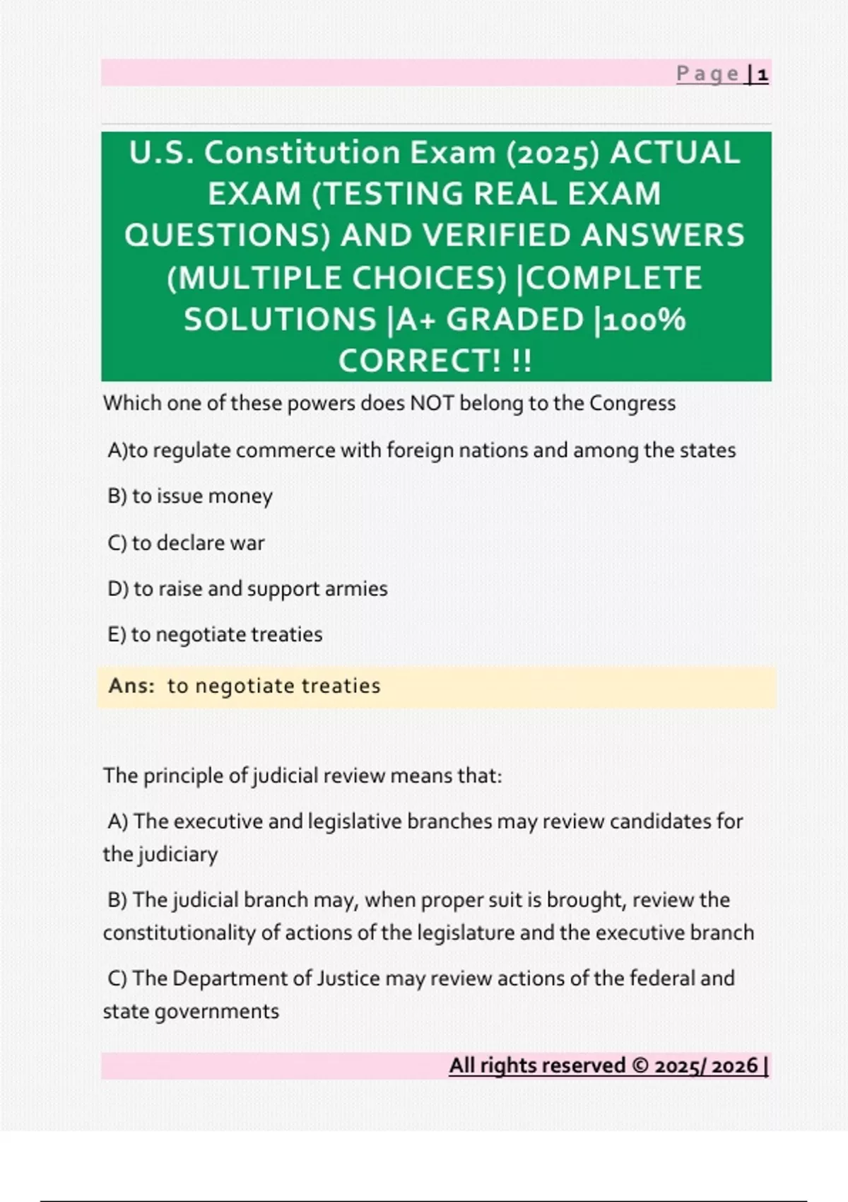 U.S. Constitution Exam (2025) ACTUAL EXAM (TESTING REAL EXAM QUESTIONS ...