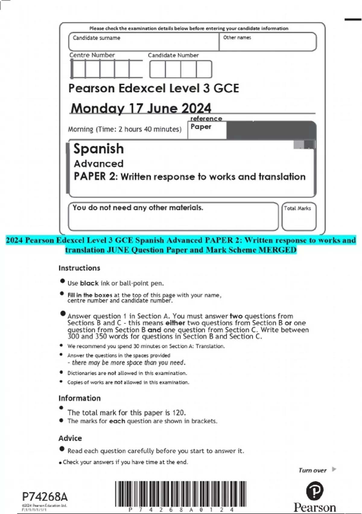 2024 Pearson Edexcel Level 3 GCE Spanish Advanced PAPER 2: Written ...