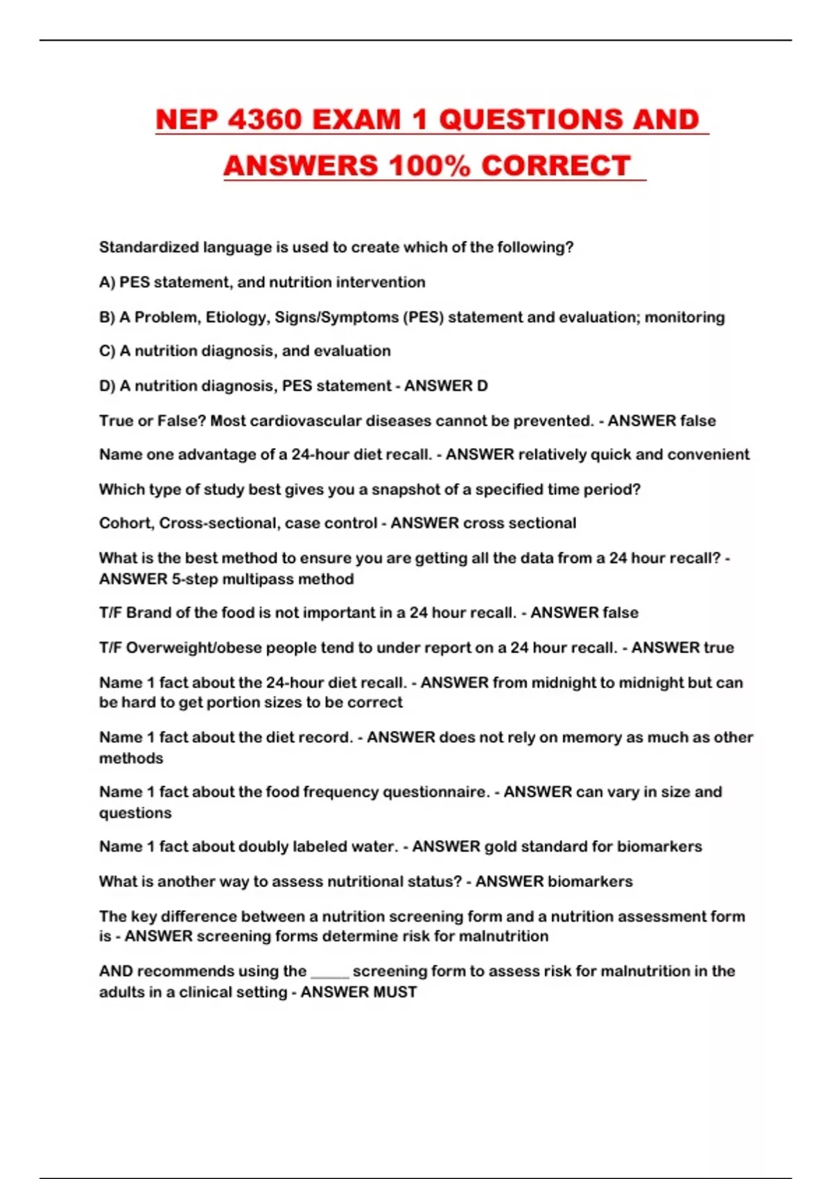 NEP 4360 EXAM 1 QUESTIONS AND ANSWERS 100% CORRECT - NEP 4360 - Stuvia US