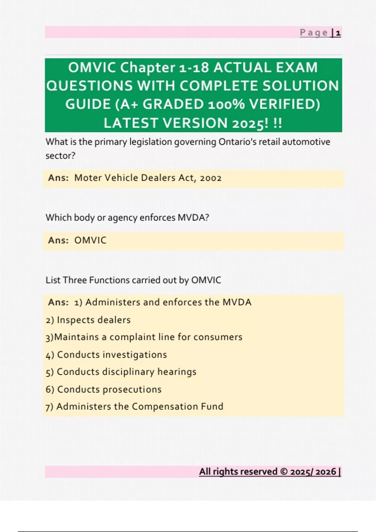 OMVIC Chapter 1-18 ACTUAL EXAM QUESTIONS WITH COMPLETE SOLUTION GUIDE ...