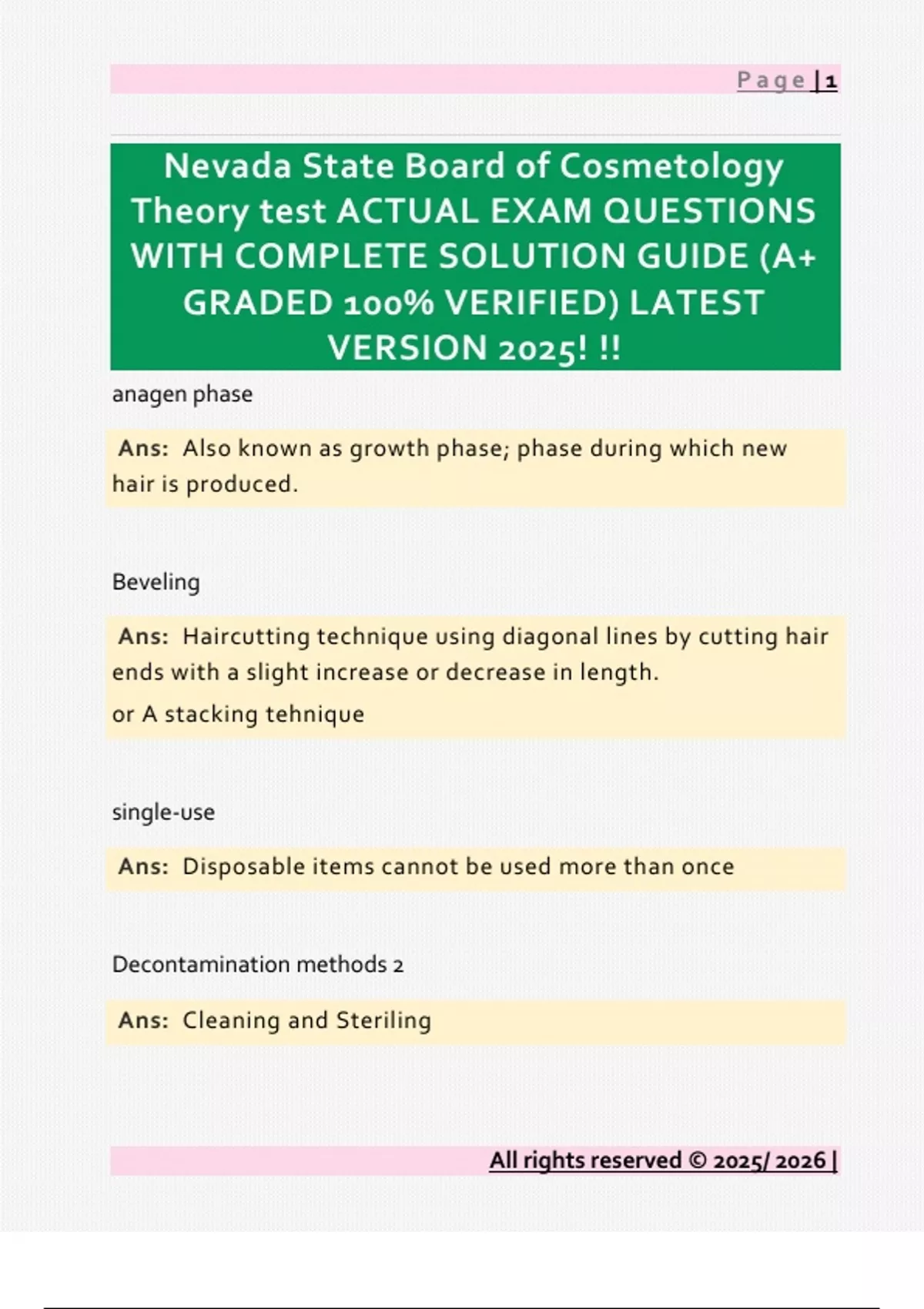 Nevada State Board of Cosmetology Theory test ACTUAL EXAM QUESTIONS ...