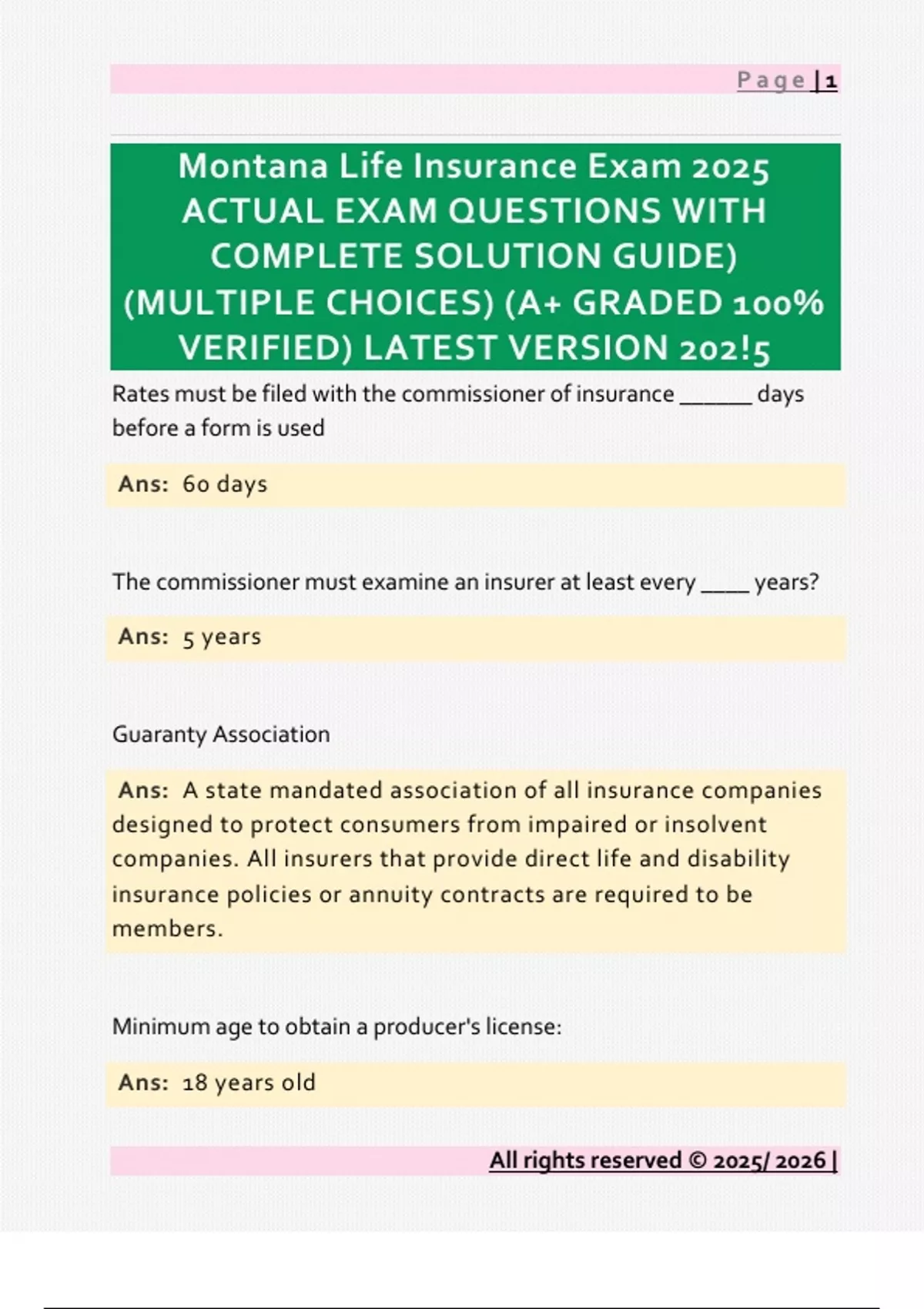 Montana Life Insurance Exam 2025 ACTUAL EXAM QUESTIONS WITH COMPLETE SOLUTION GUIDE) (MULTIPLE ...