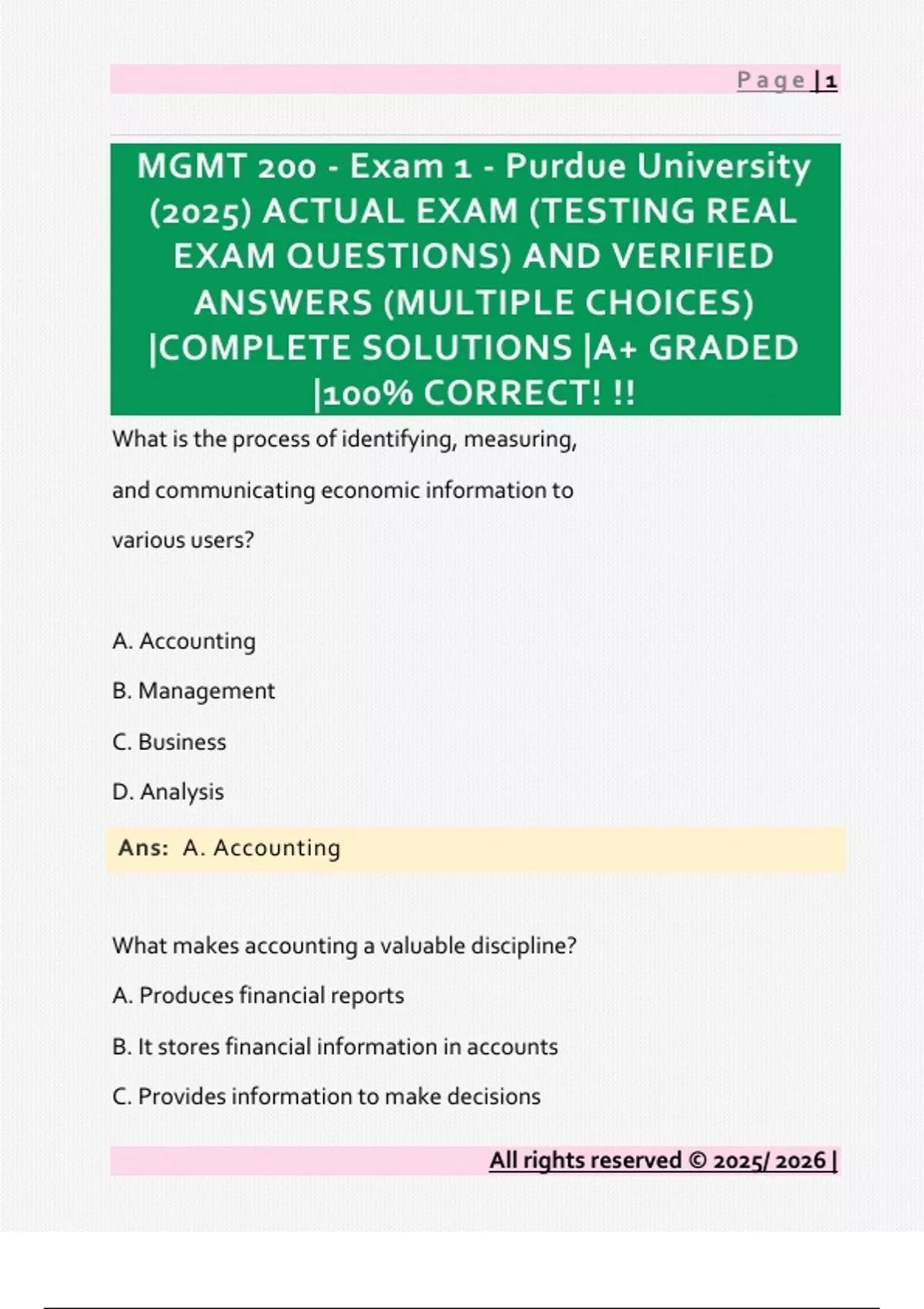 MGMT 200 - Exam 1 - Purdue University (2025) ACTUAL EXAM (TESTING REAL ...
