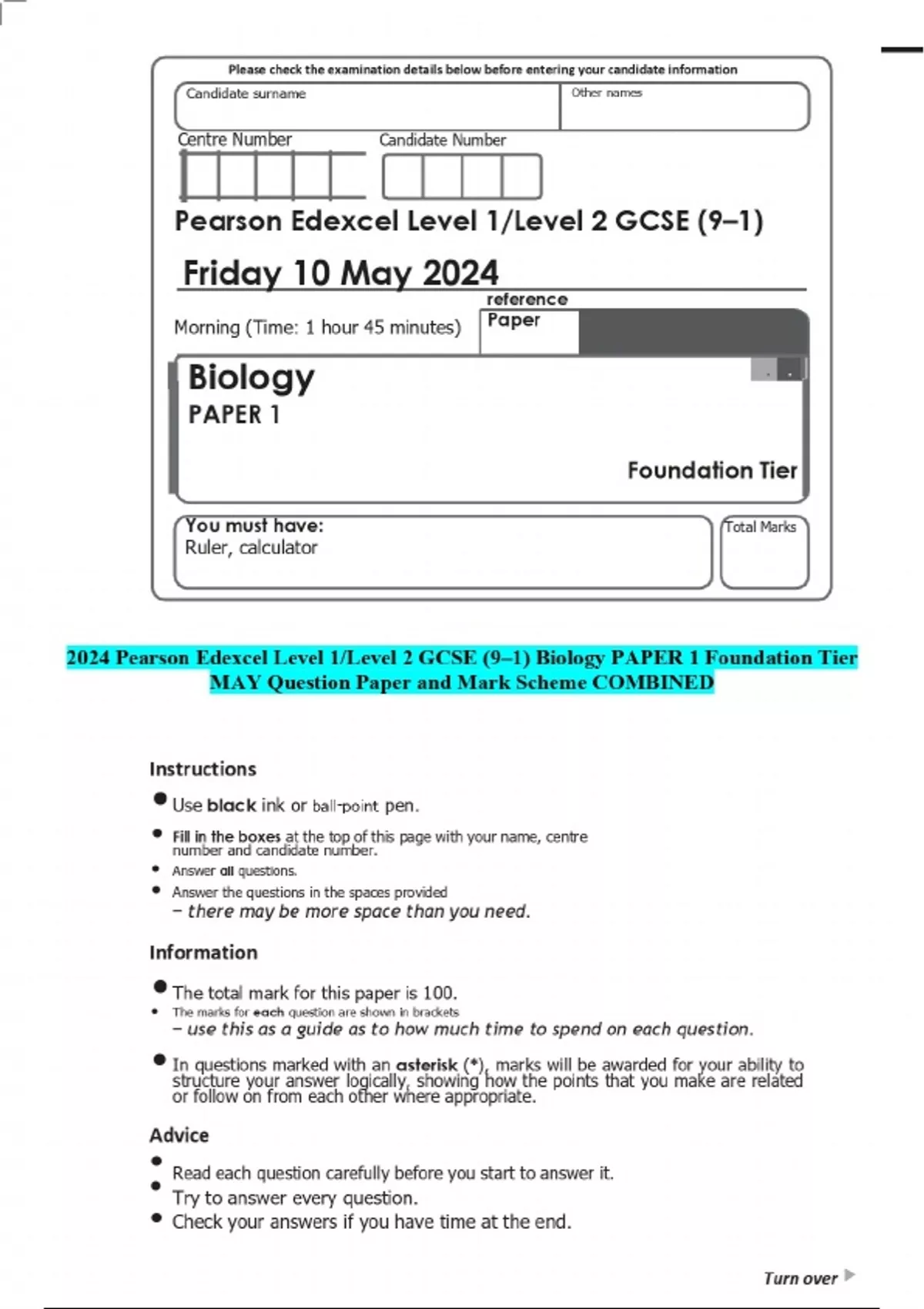 2024 Pearson Edexcel Level 1/Level 2 GCSE (9–1) Biology PAPER 1 ...