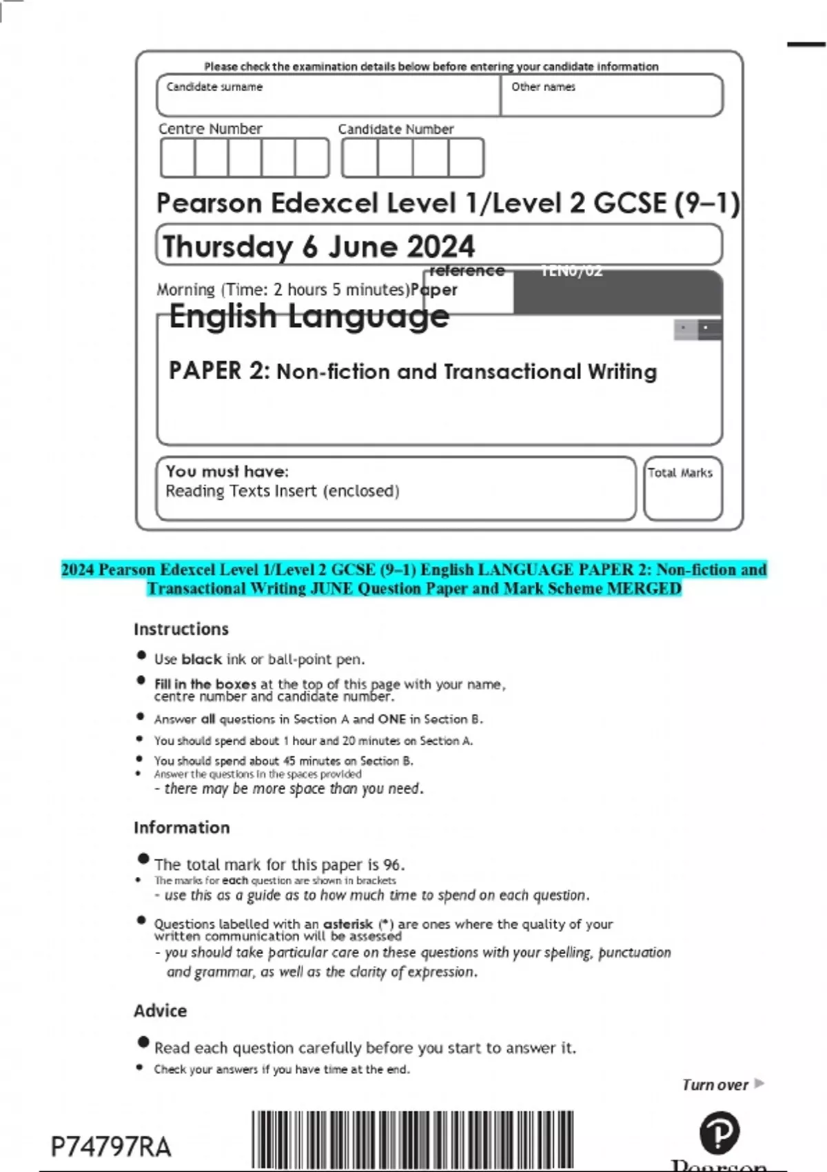 2024 Pearson Edexcel Level 1/Level 2 GCSE (9–1) English LANGUAGE PAPER ...
