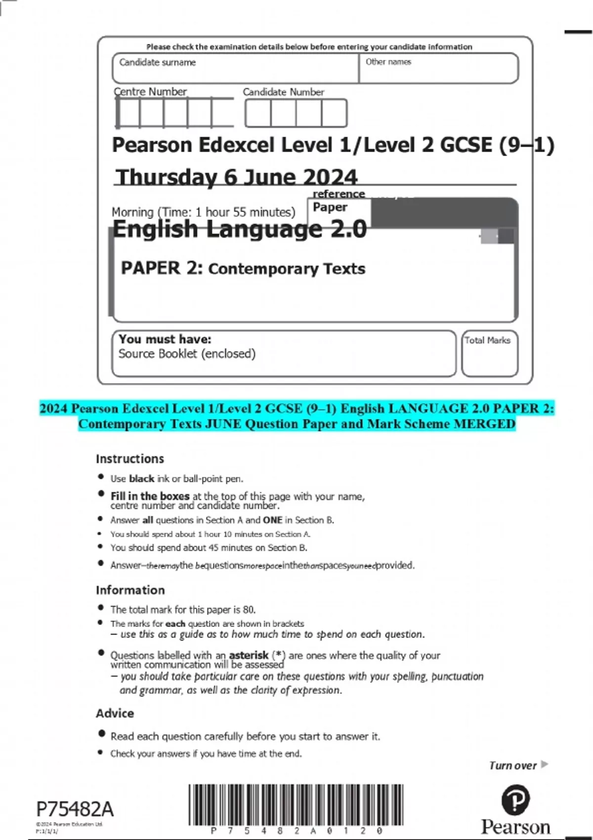 2024 Pearson Edexcel Level 1/Level 2 GCSE (9–1) English LANGUAGE 2.0 ...